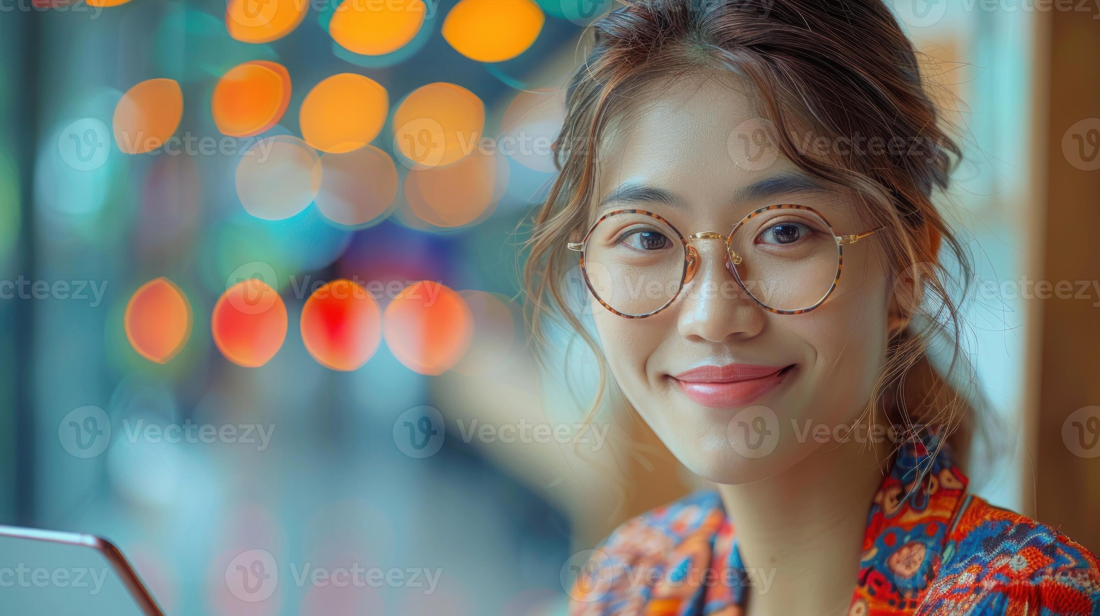 A young woman with glasses smiles gently as she looks through a window with out-of-focus lights ...