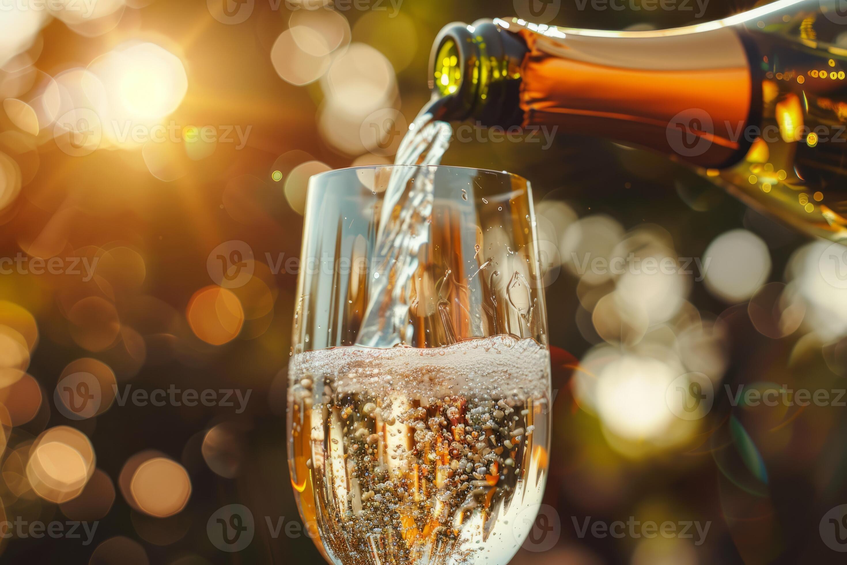 Pouring sparkling wine into a glass with a golden sunset background 46965132 Stock Photo at Vecteezy