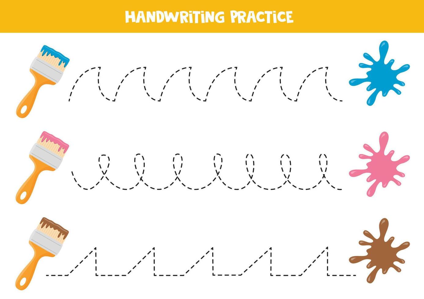 Tracing lines for kids. Paint blobs and brushes. Handwriting practice ...