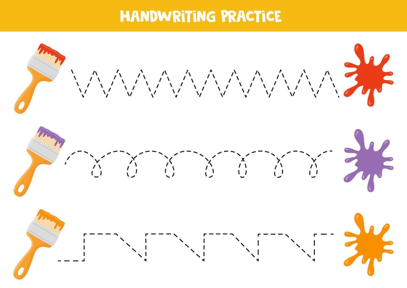 Tracing lines for kids. Paint blobs and brushes. Handwriting practice ...