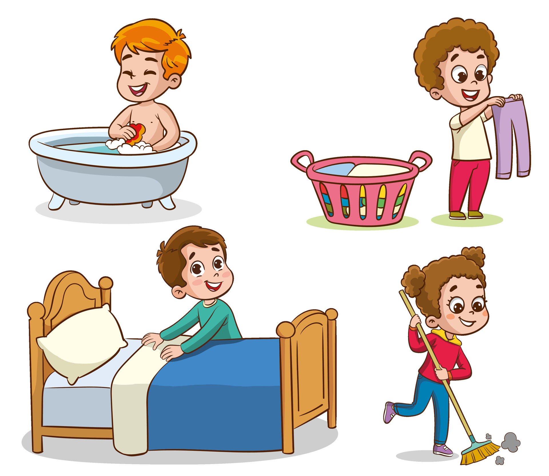 dibujos animados niños haciendo tareas del hogar. Niños y niña Ayudar ...