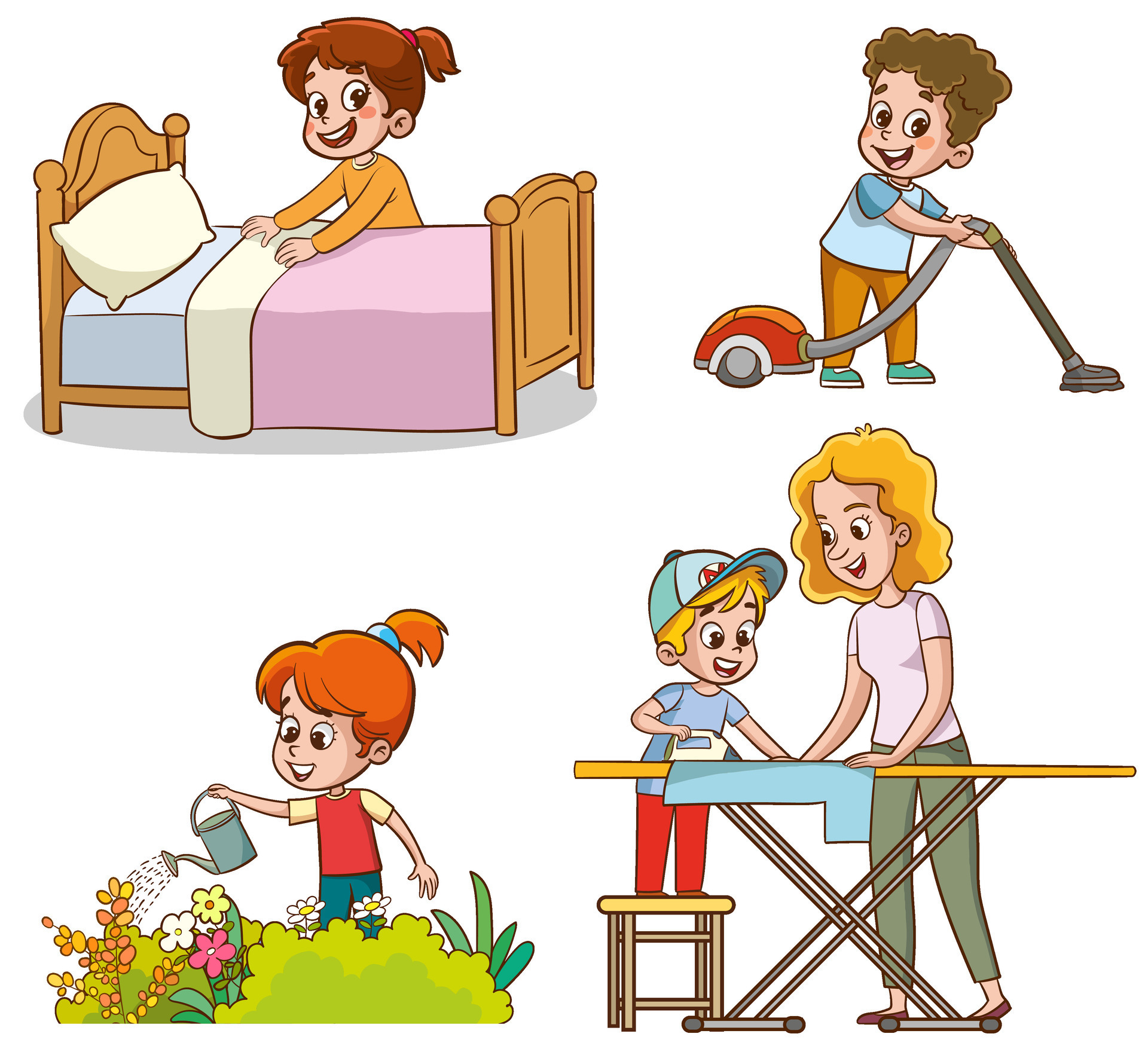 dibujos animados niños haciendo tareas del hogar. Niños y niña Ayudar ...