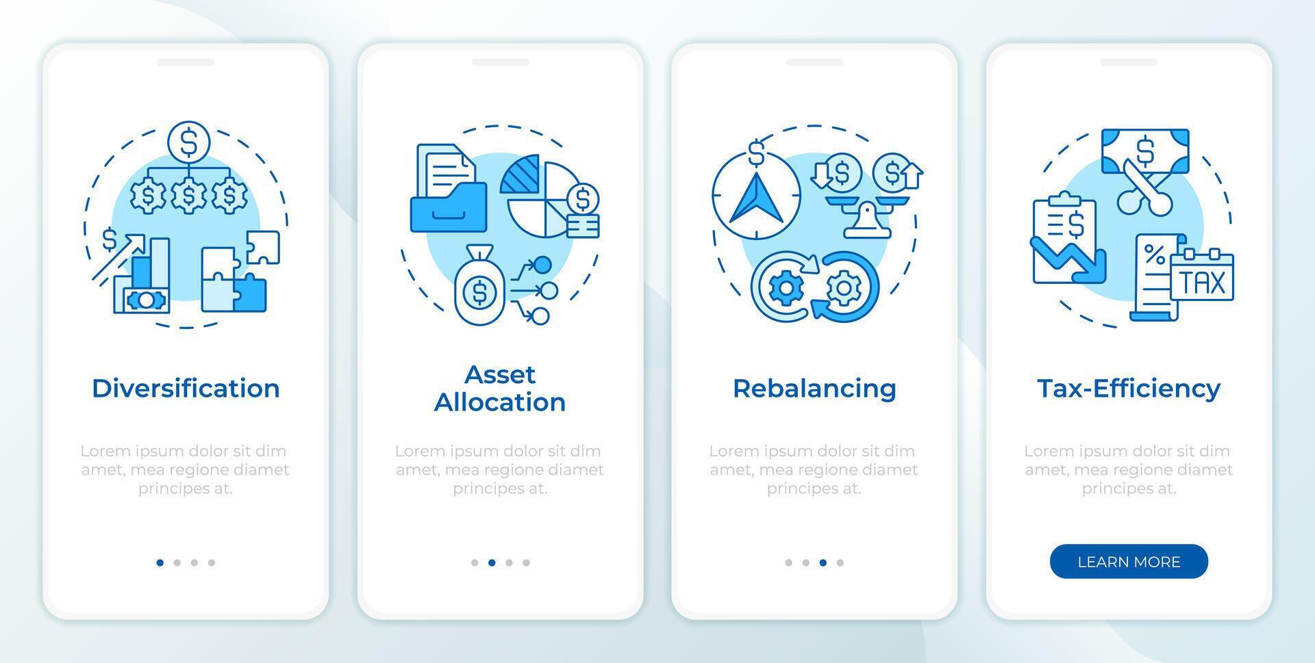 Portfolio Organization Elements Blue Onboarding Mobile App Screen Walkthrough 4 Steps Editable