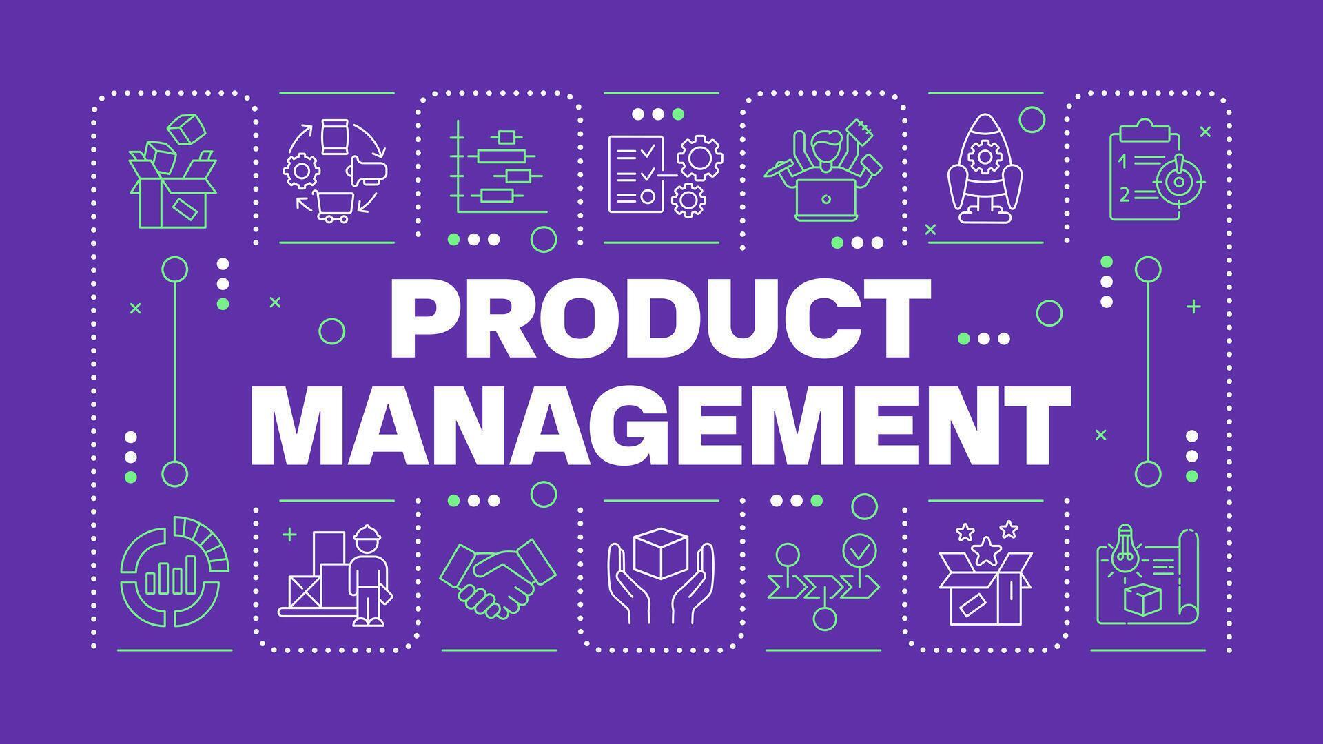 Product management purple word concept. Product planning, development and launch. PLM ...