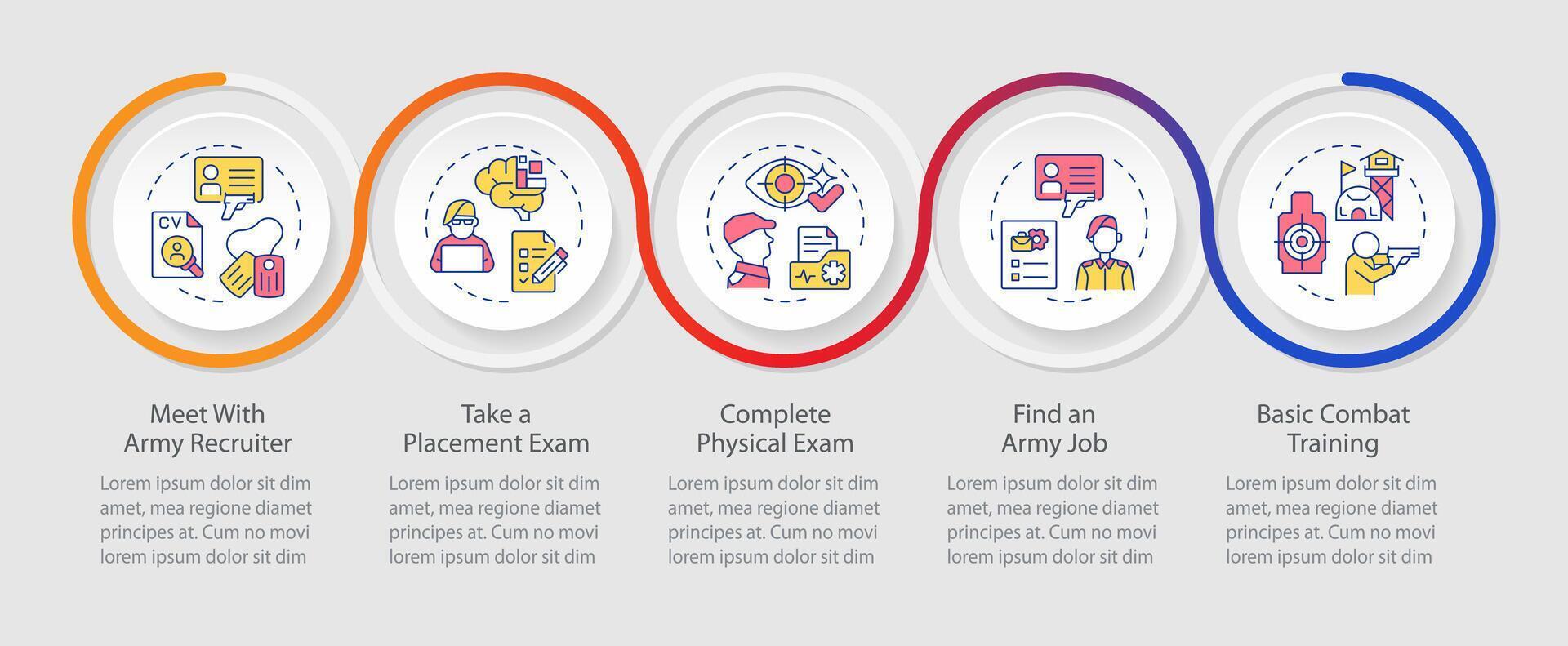 Joining the military steps loop infographic template. Army recruiter. Data visualization with 5 ...