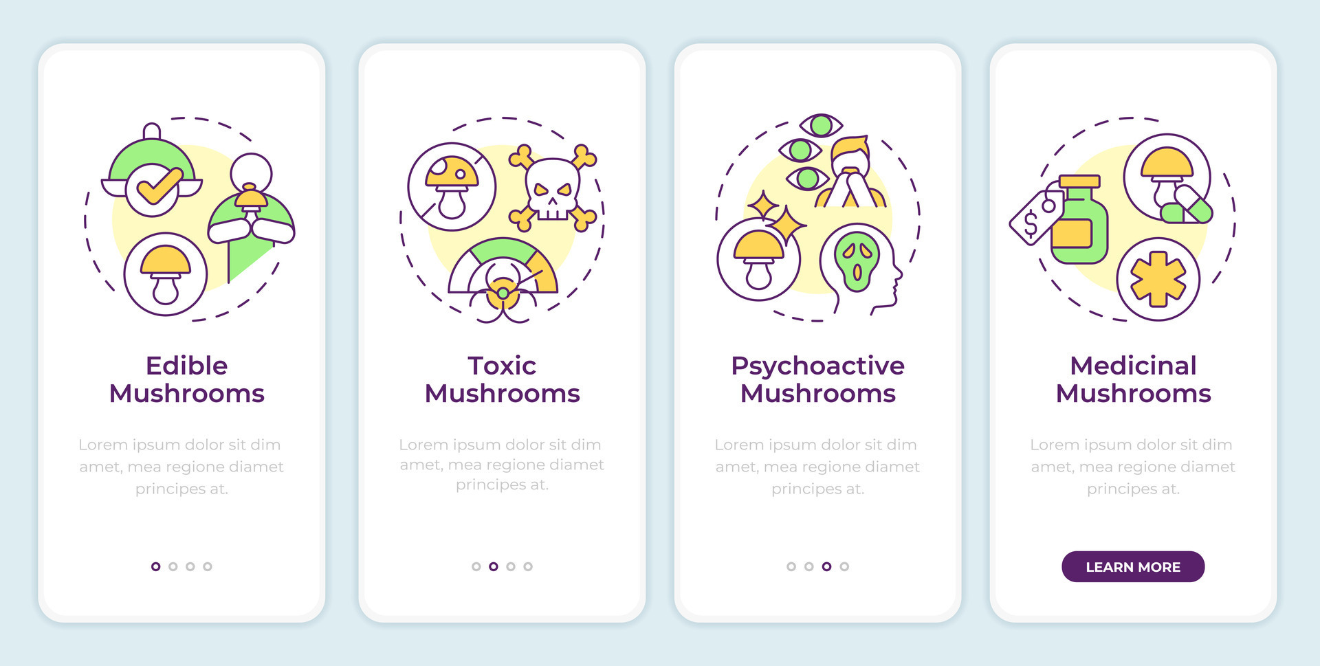 Mushroom Types Onboarding Mobile App Screen Characteristics