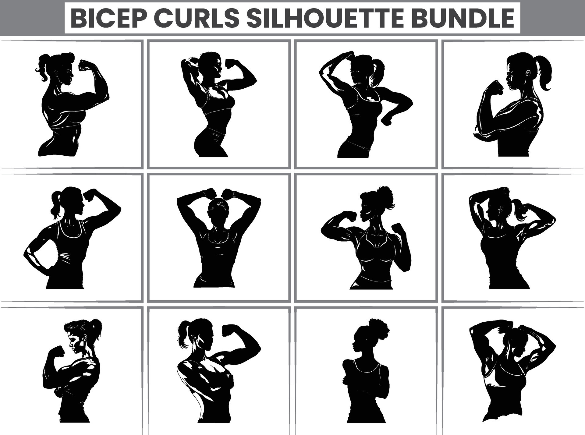 Bicep Curl Silhouette Bundle Bodybuilder Workout Training Set