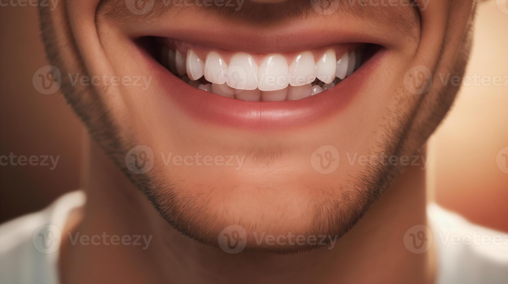 Close-up of a radiant male smile with white teeth. Dental care and ...