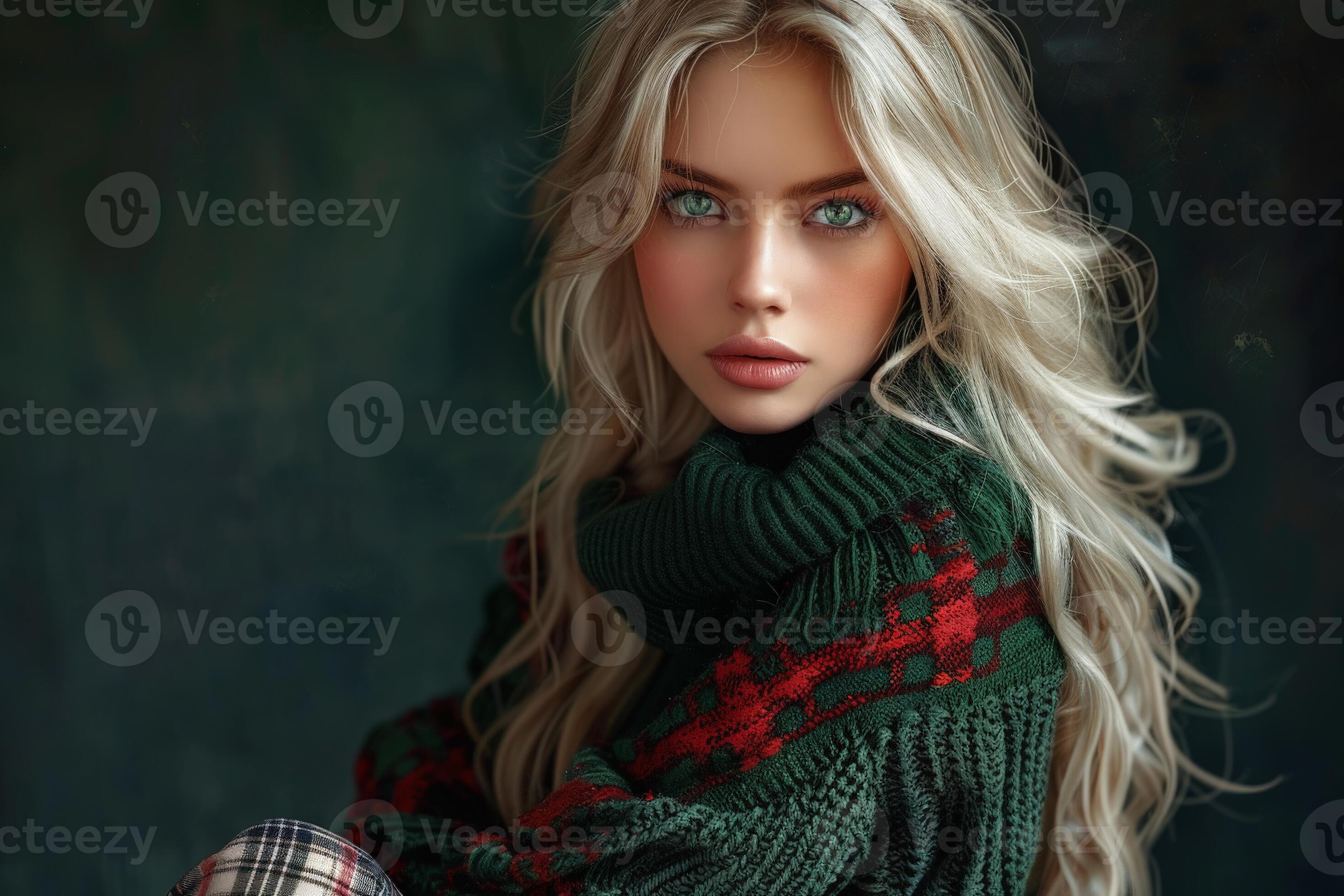 Blonde Japanese Girl Wearing Green Sweater With Red Plaid Design