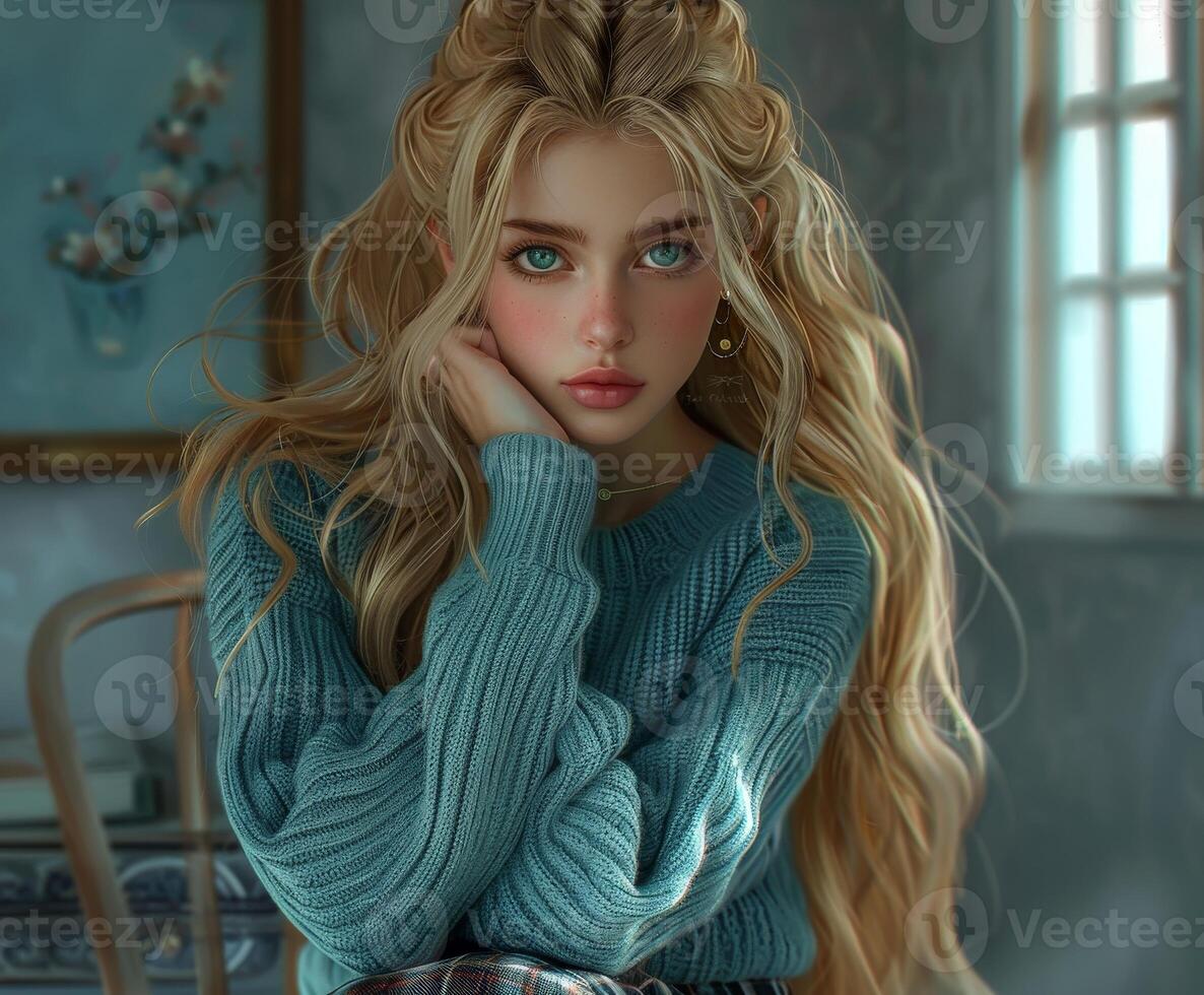 Blonde Japanese Girl In Teal Sweater Posing Indoors 47003202 Stock