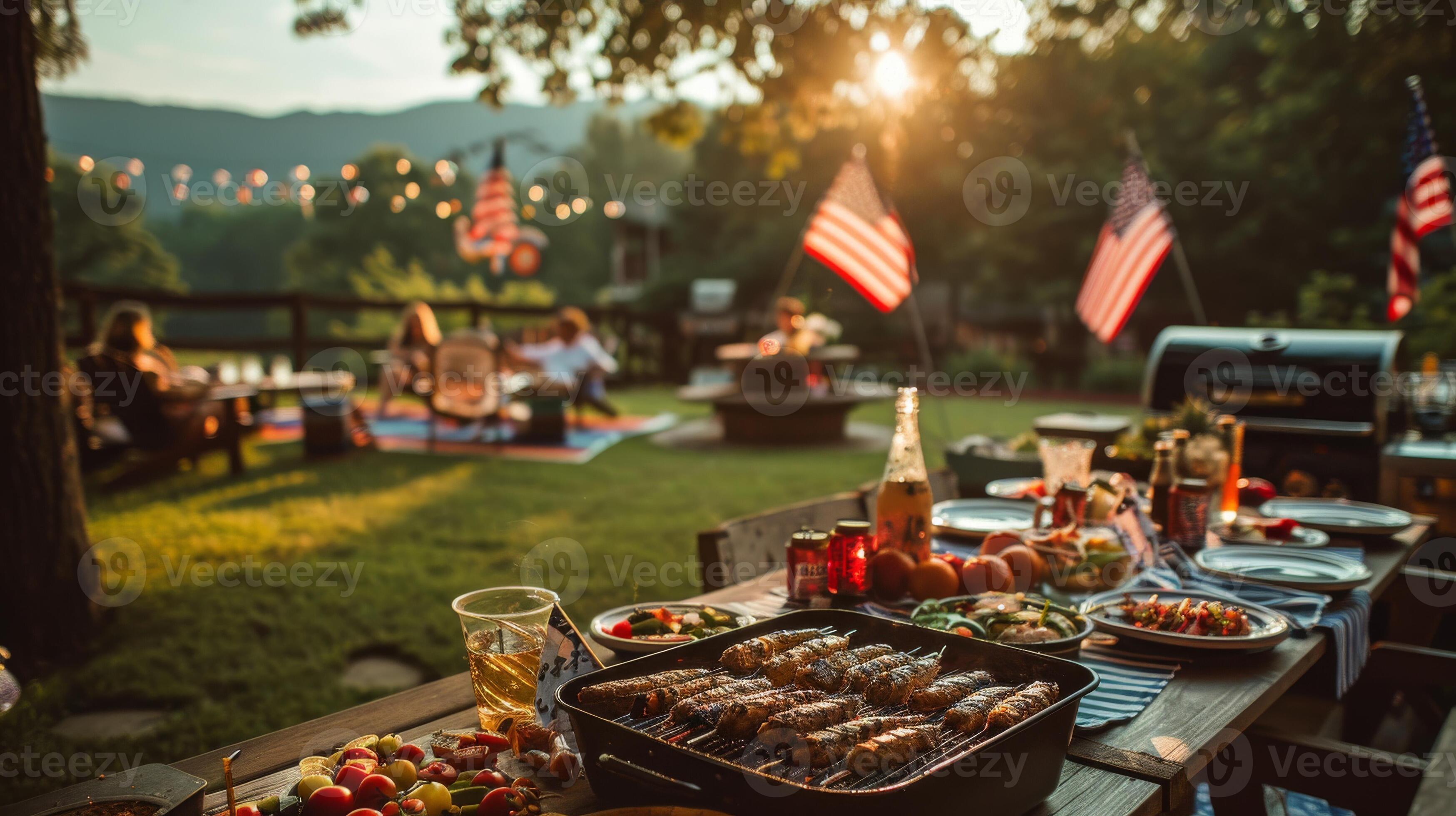 Barbecue party with grilled food in backyard with American flags. 4th of July, USA Independence ...