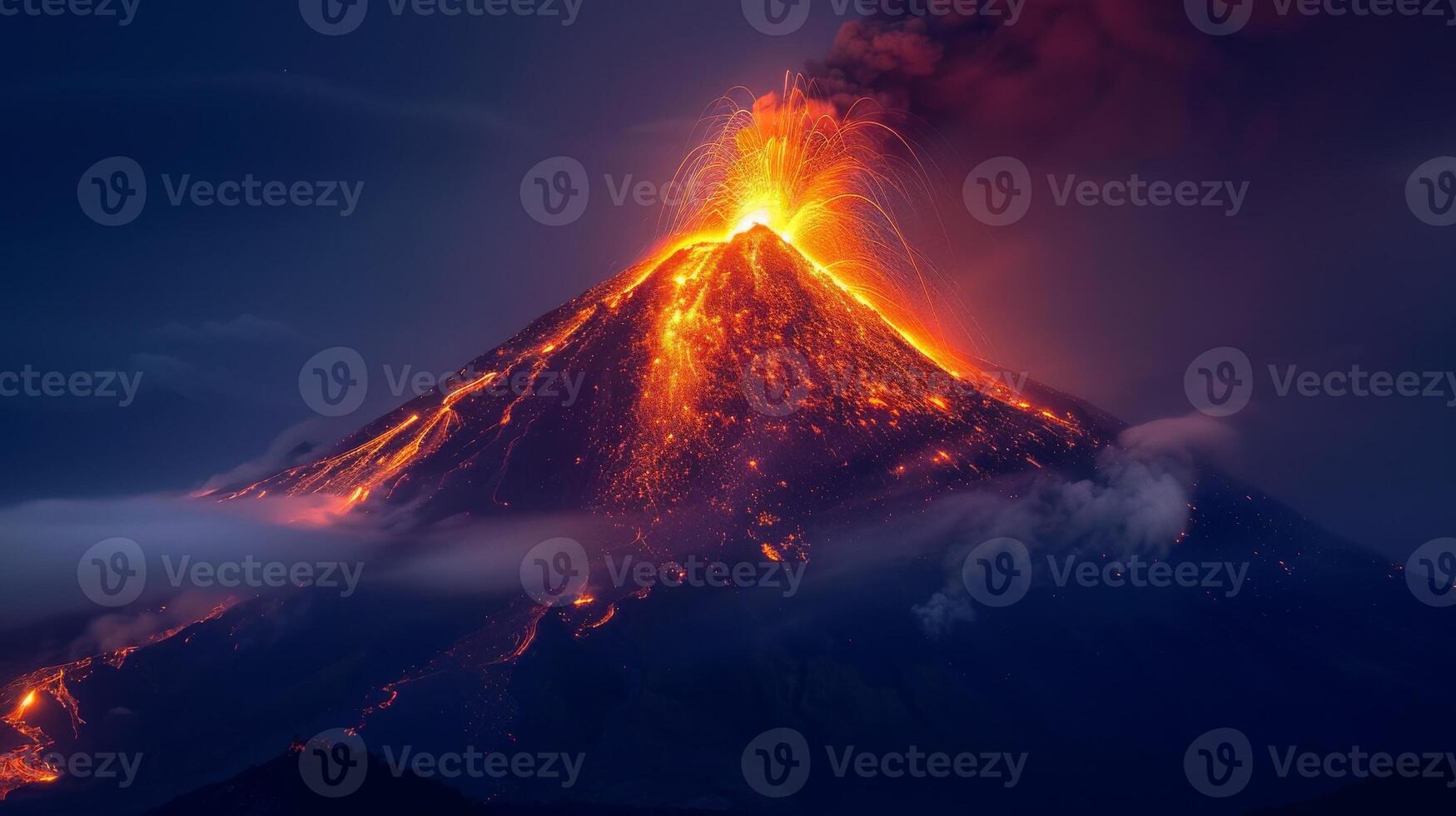 Volcano erupting, ash and lava spewing into the air and flowing down ...
