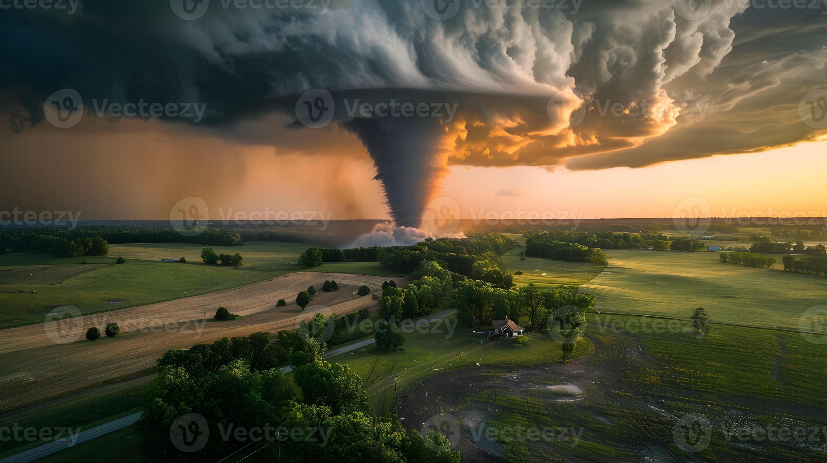 Aerial view of a tornado tearing through a landscape, with fields, trees, and buildings being ...