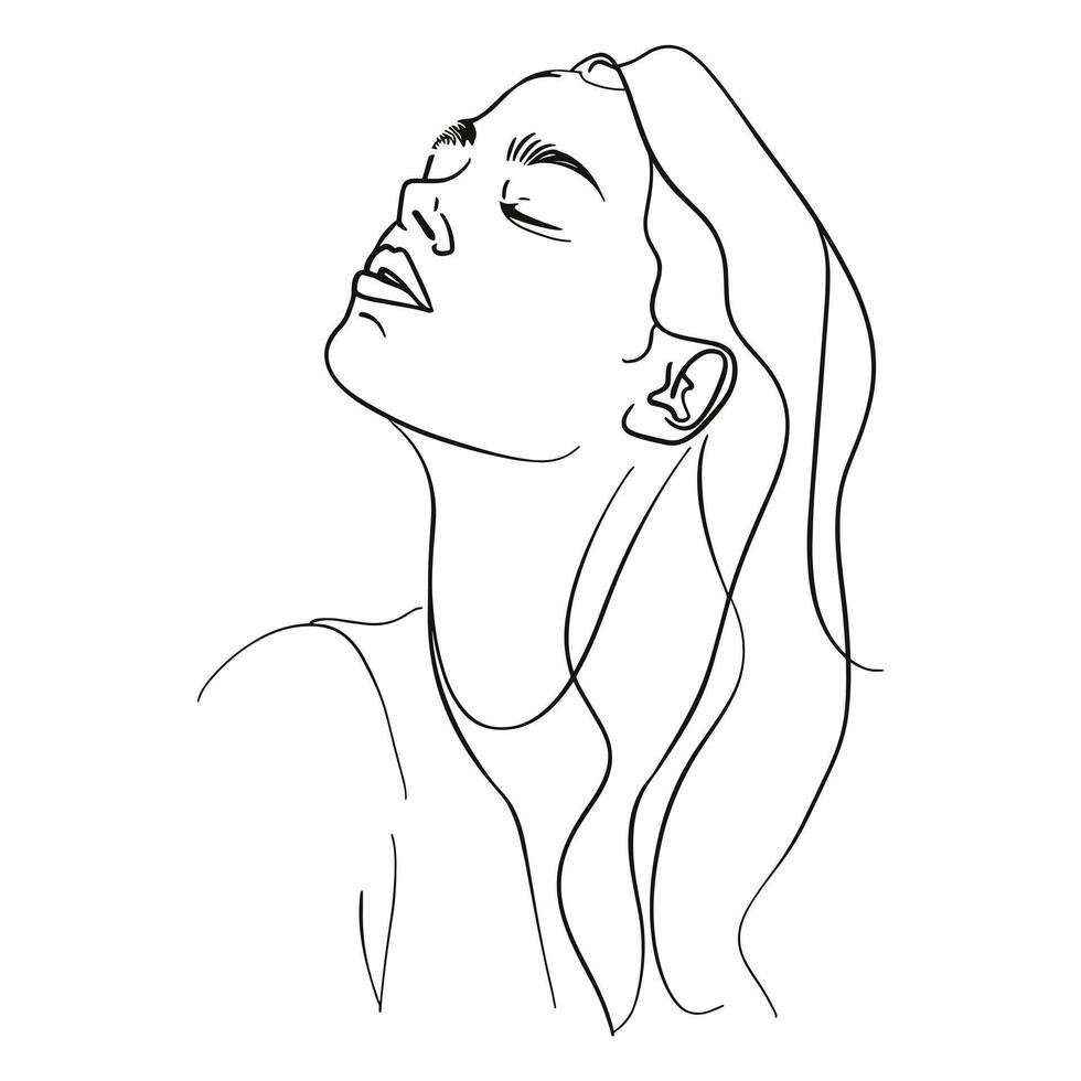 Sensual Young Woman Portrait Continuous Line Drawing Abstract