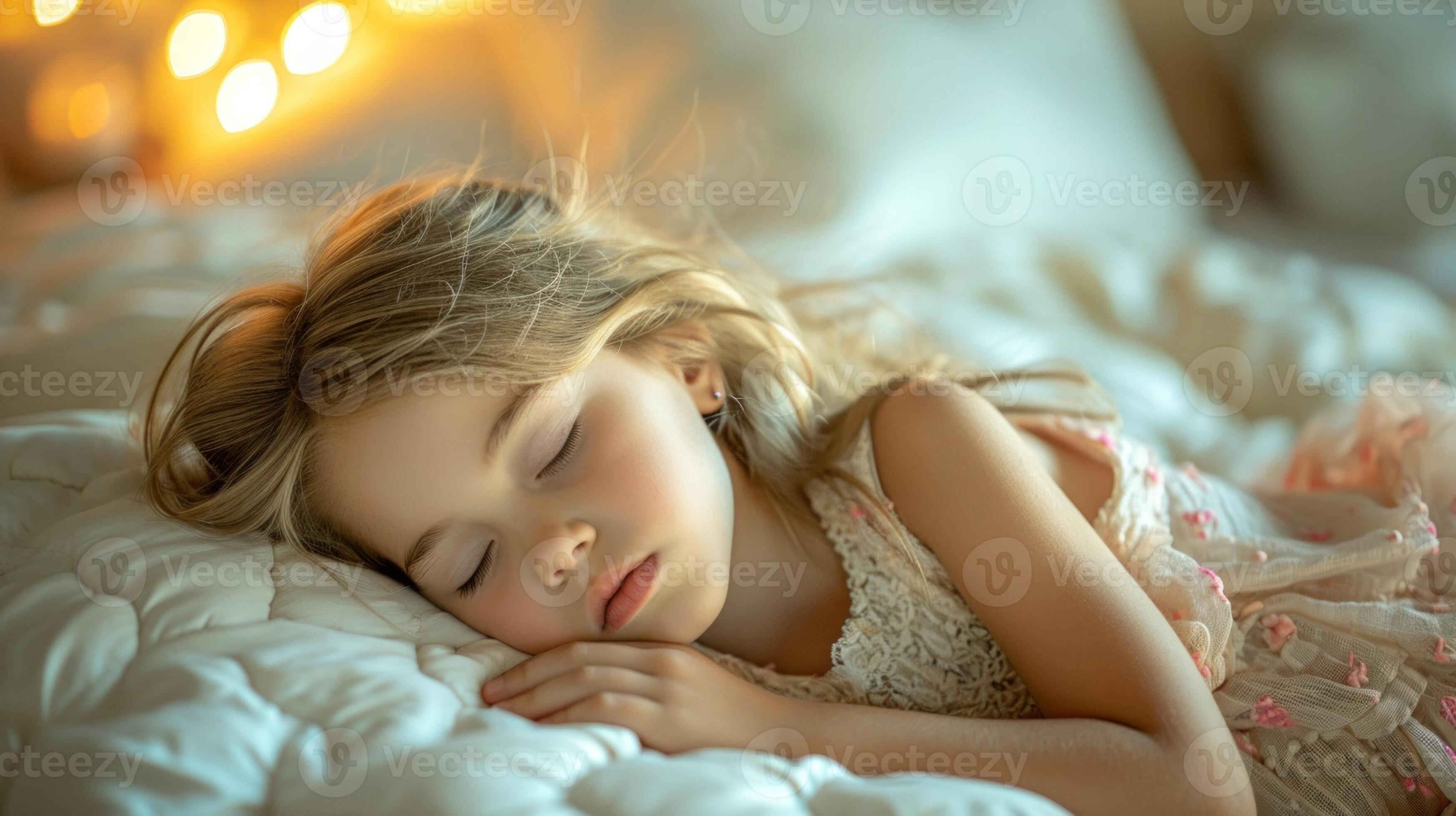 Cute little girl sleeping on the bed at home in the bedroom 47021590 ...