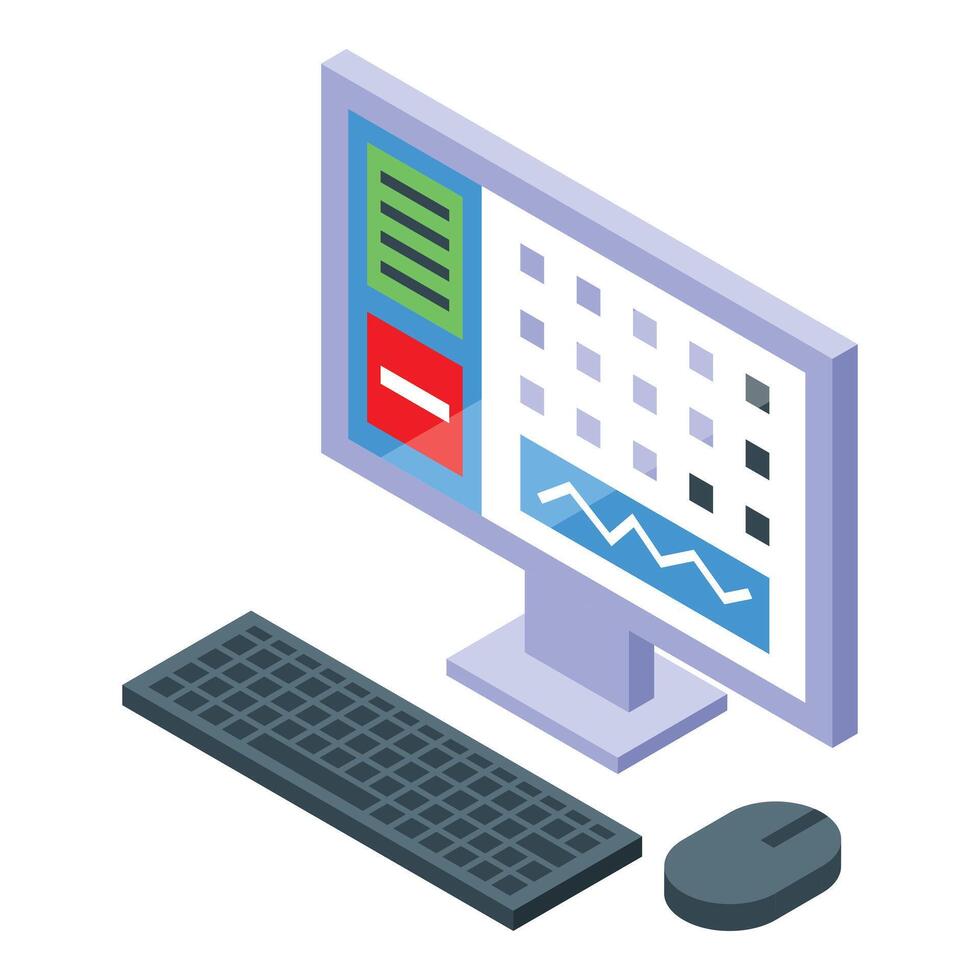 Computer showing statistics chart with keyboard and mouse isometric view 47046756 Vector Art at ...
