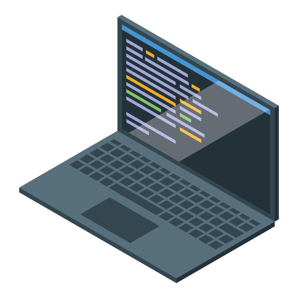 Modern laptop showing programming code on screen isometric view ...