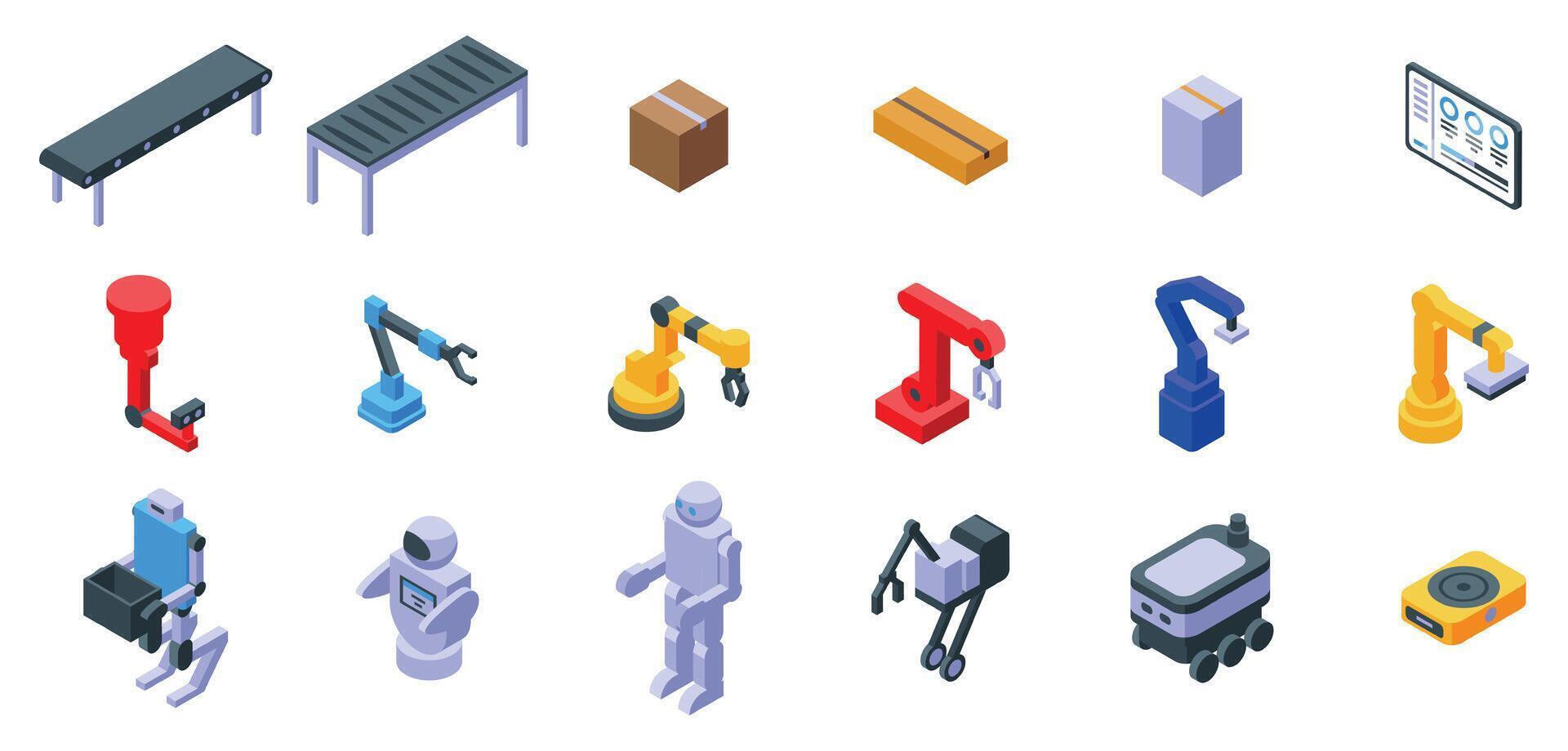 Robot conveyor belt icons set. Robot manufacturing process with conveyor belt and robotic arms ...