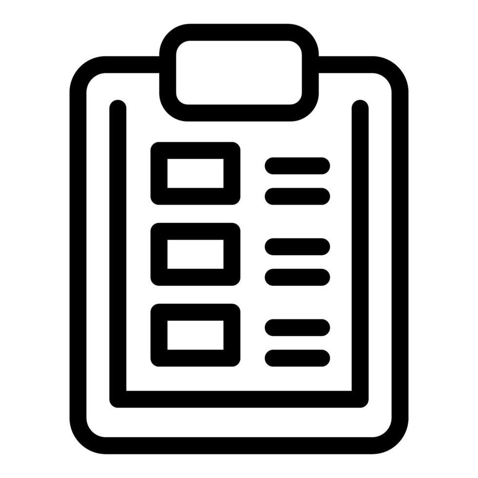 This simple icon of a clipboard shows checkboxes and lines, representing concepts like taking a ...