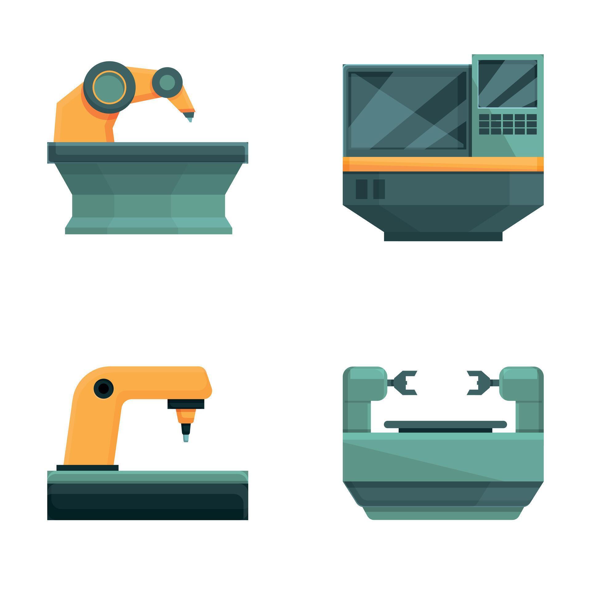Cnc technology icons set cartoon . Computer controlled milling machine ...