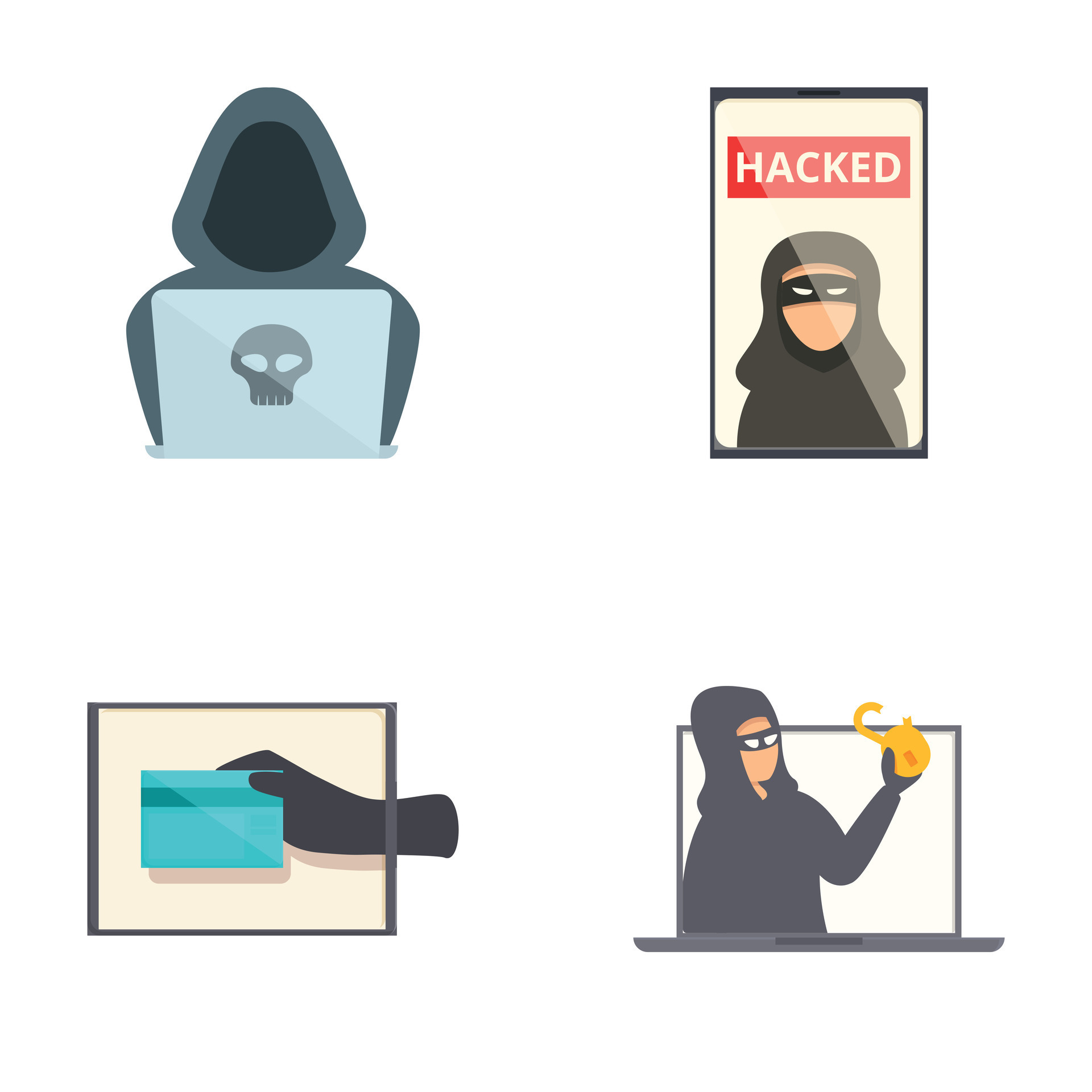 Set Of Four Flat Design Icons Depicting Various Cybersecurity Threats Including Hacking