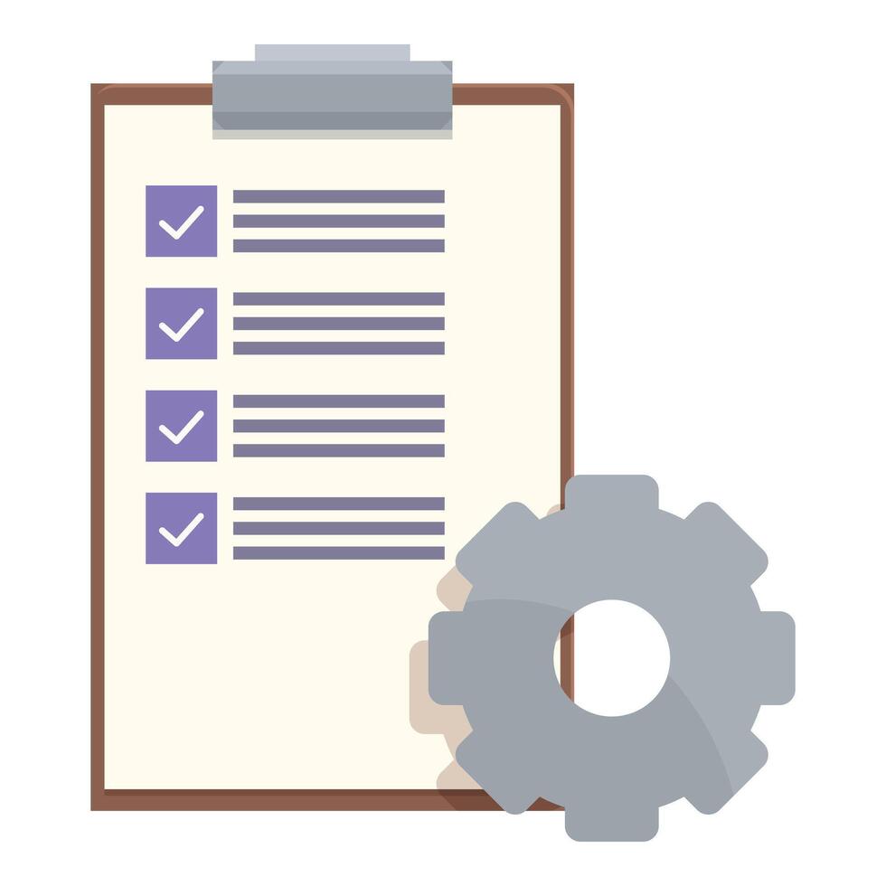 Clipboard showing completed checklist and cogwheel representing ... Clipboard showing completed checklist and cogwheel representing ...