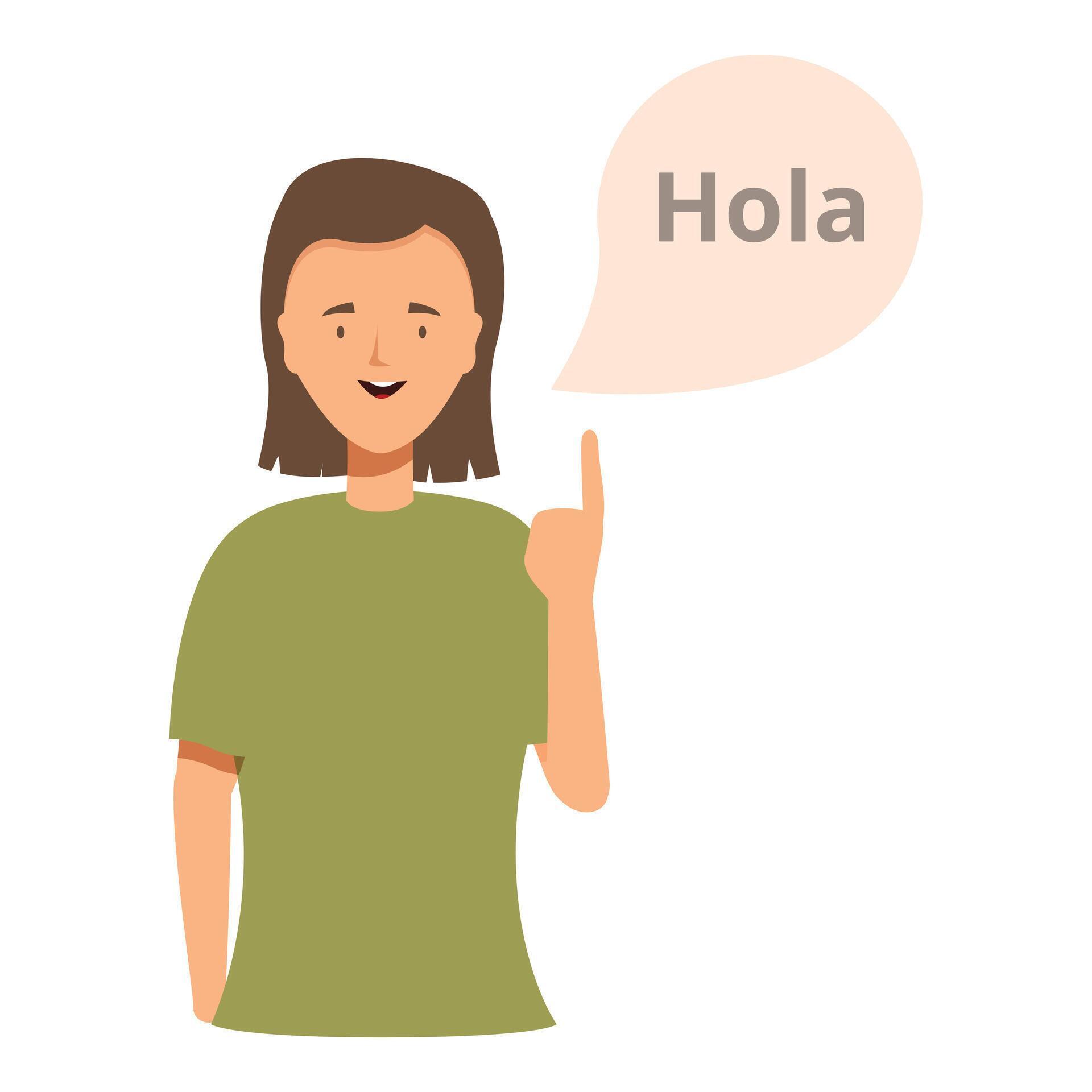Young woman speaking spanish pointing finger up saying hola learning basic communication ...