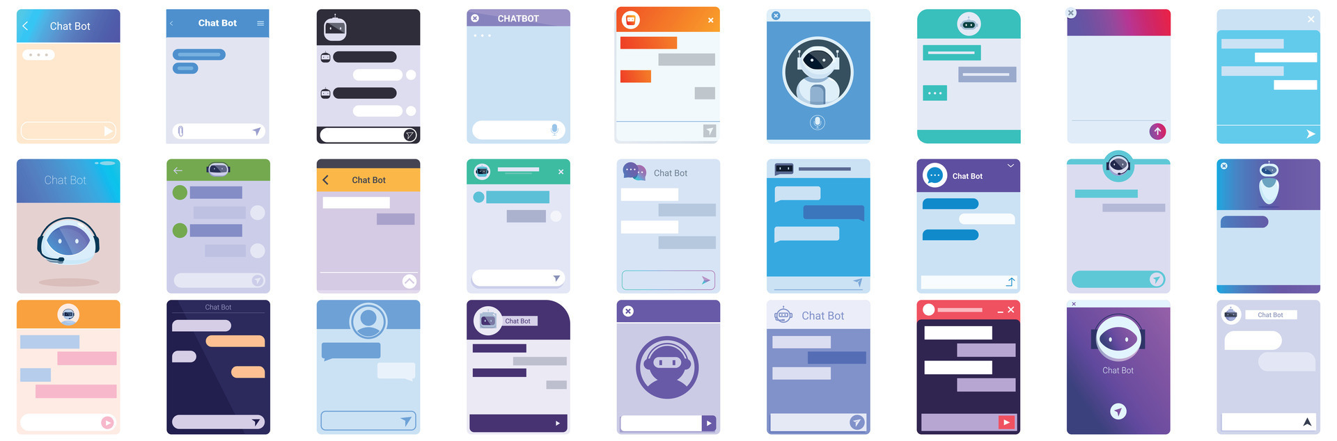 Bot window icons set. Collection of chat bot windows showing various ... Bot window icons set. Collection of chat bot windows showing various ...