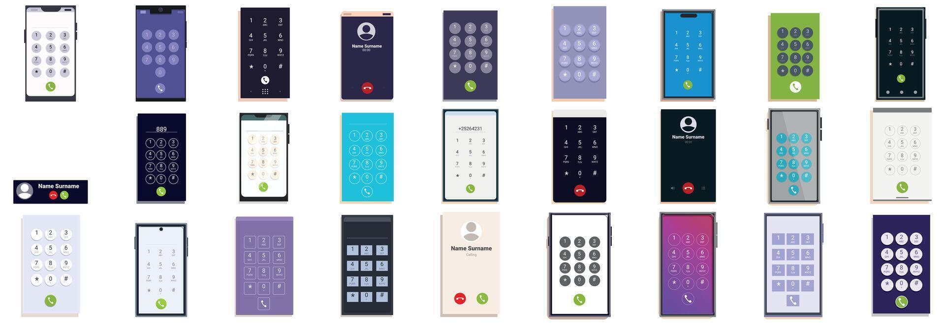 dial screen icons set. Mobile phone dialer keypad interface set showing ...