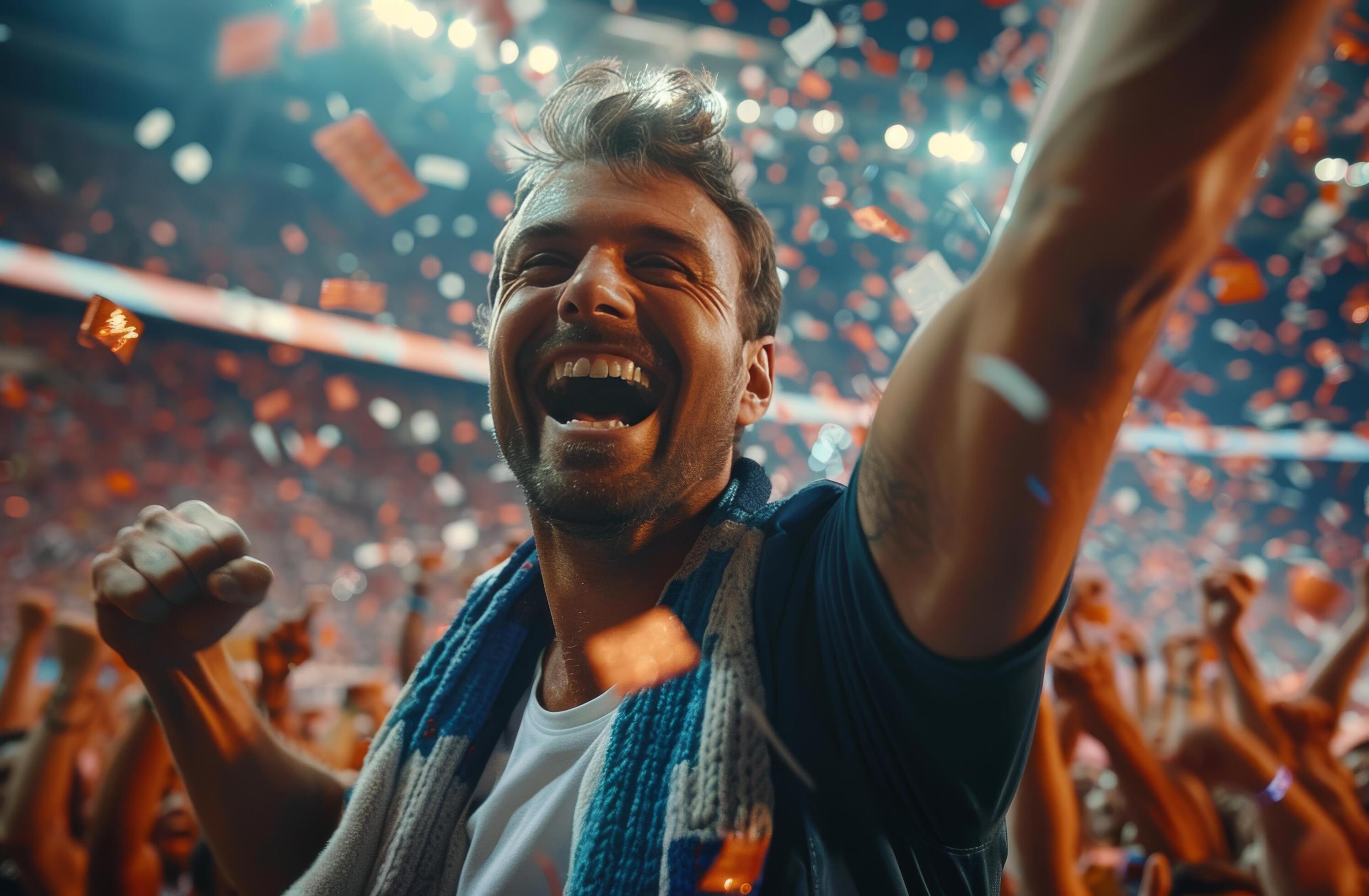 Excited Fan Cheering at a Stadium Event 47063552 Stock Photo at Vecteezy