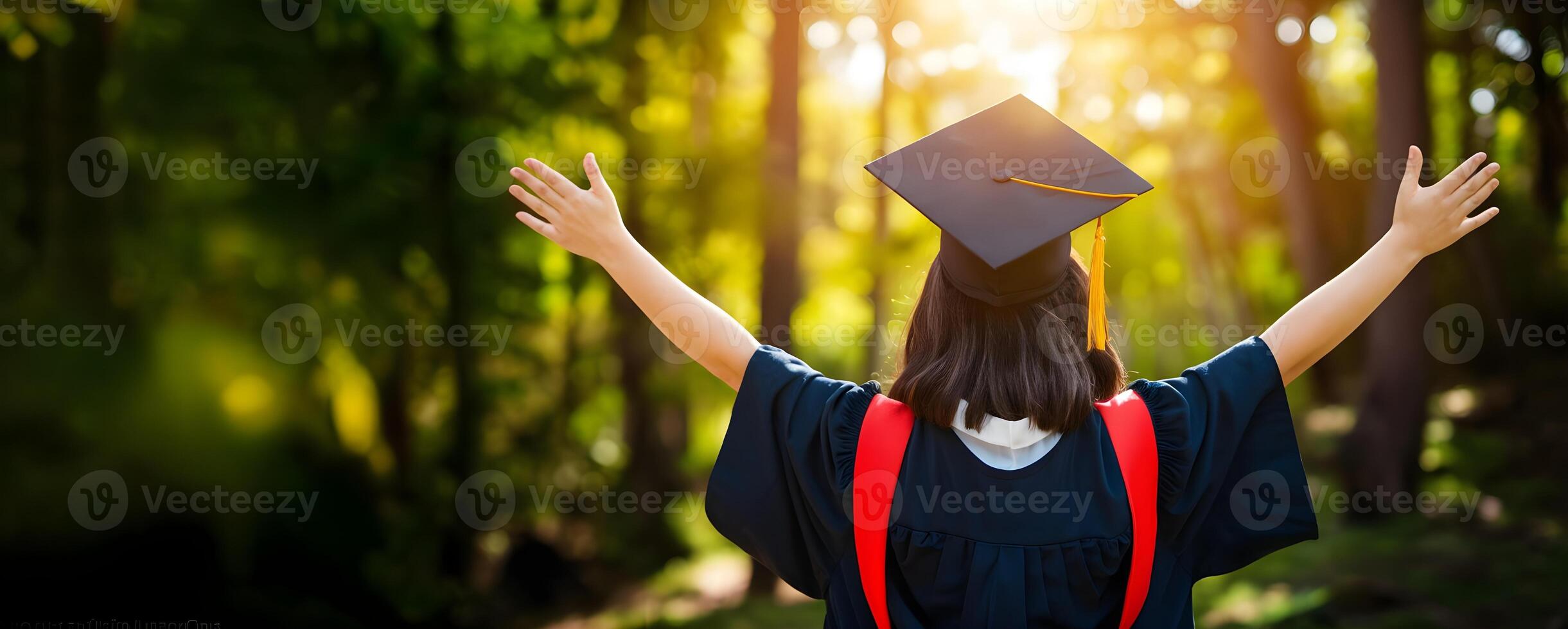 A graduate girl student wearing graduation cap feeling happy by opening arms with a beautiful ...