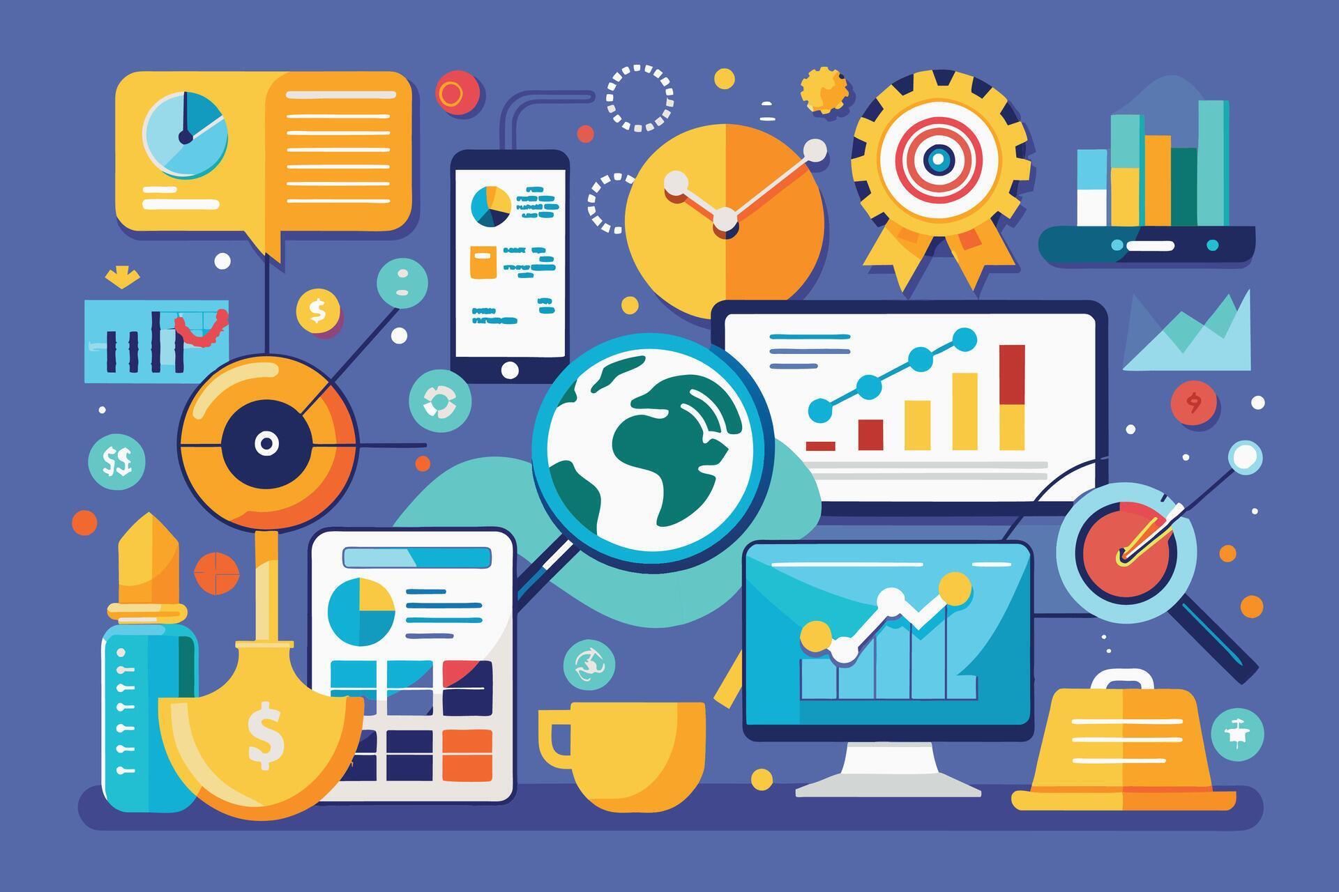 An illustration depicting various aspects of digital marketing with ... An illustration depicting various aspects of digital marketing with ...