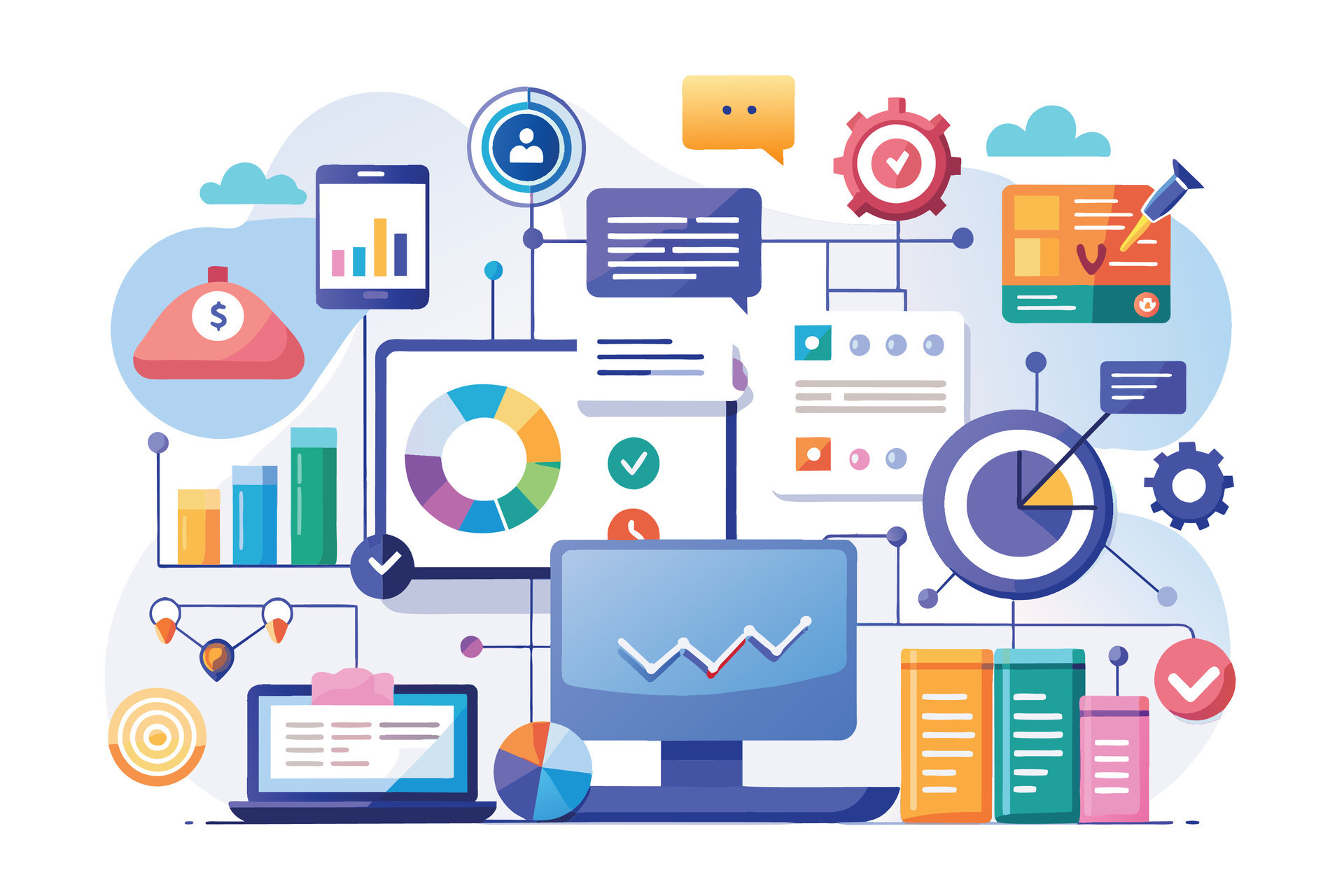A vibrant illustration showing a modern business data analysis process with charts, graphs, and ...