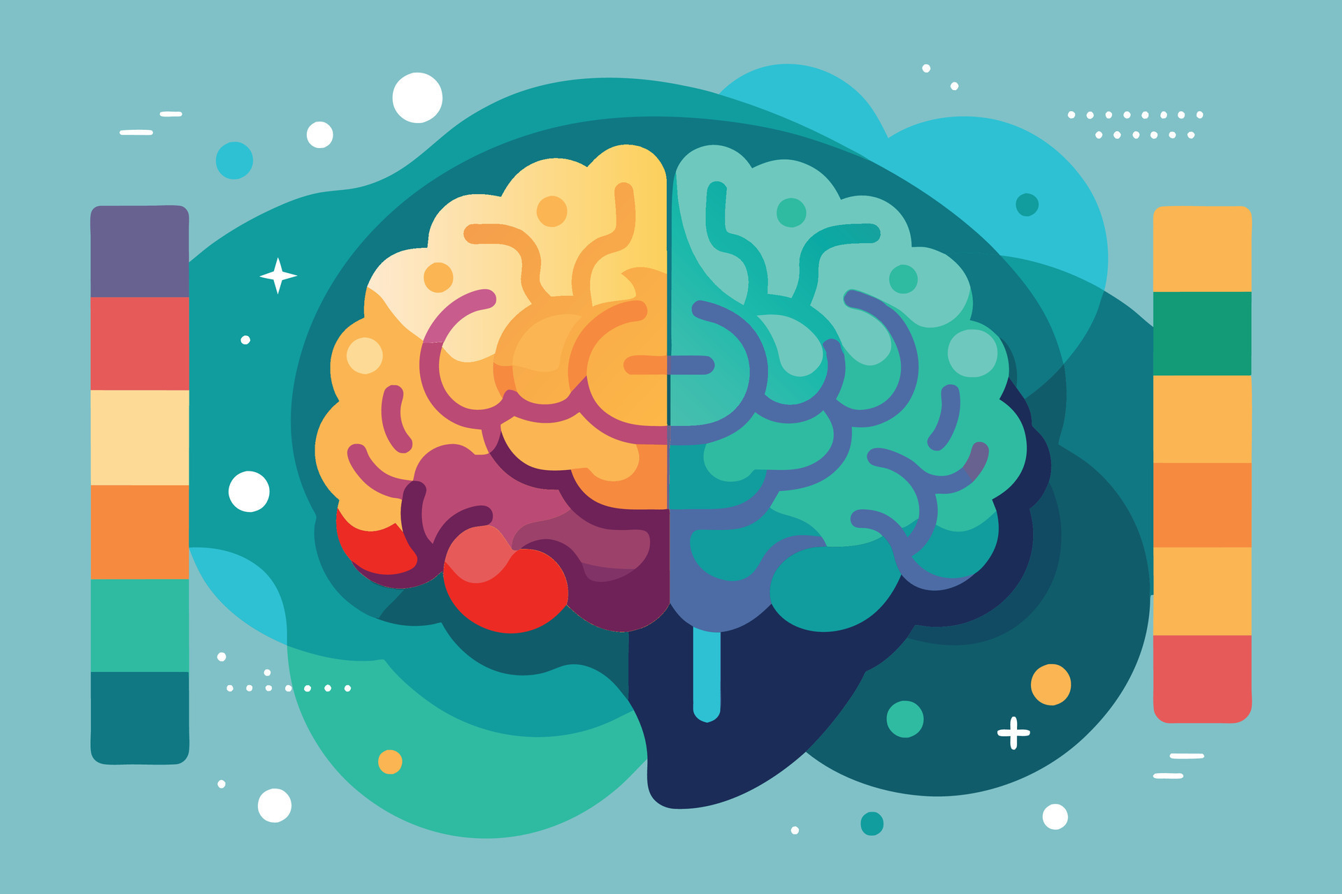 Colorful flat illustration of human brain with color palette on each ...