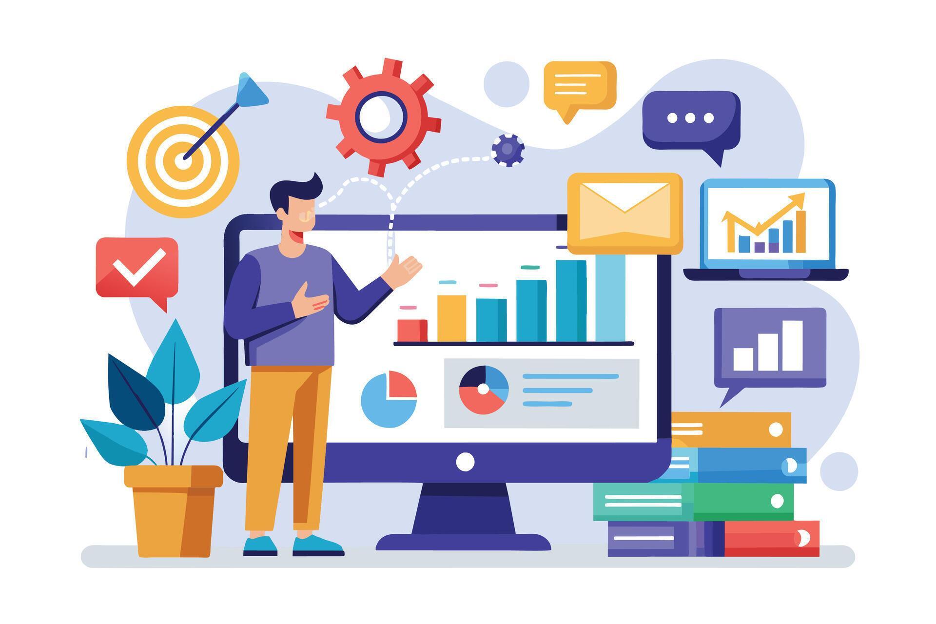 An illustration depicting a man presenting data analysis on a desktop ...