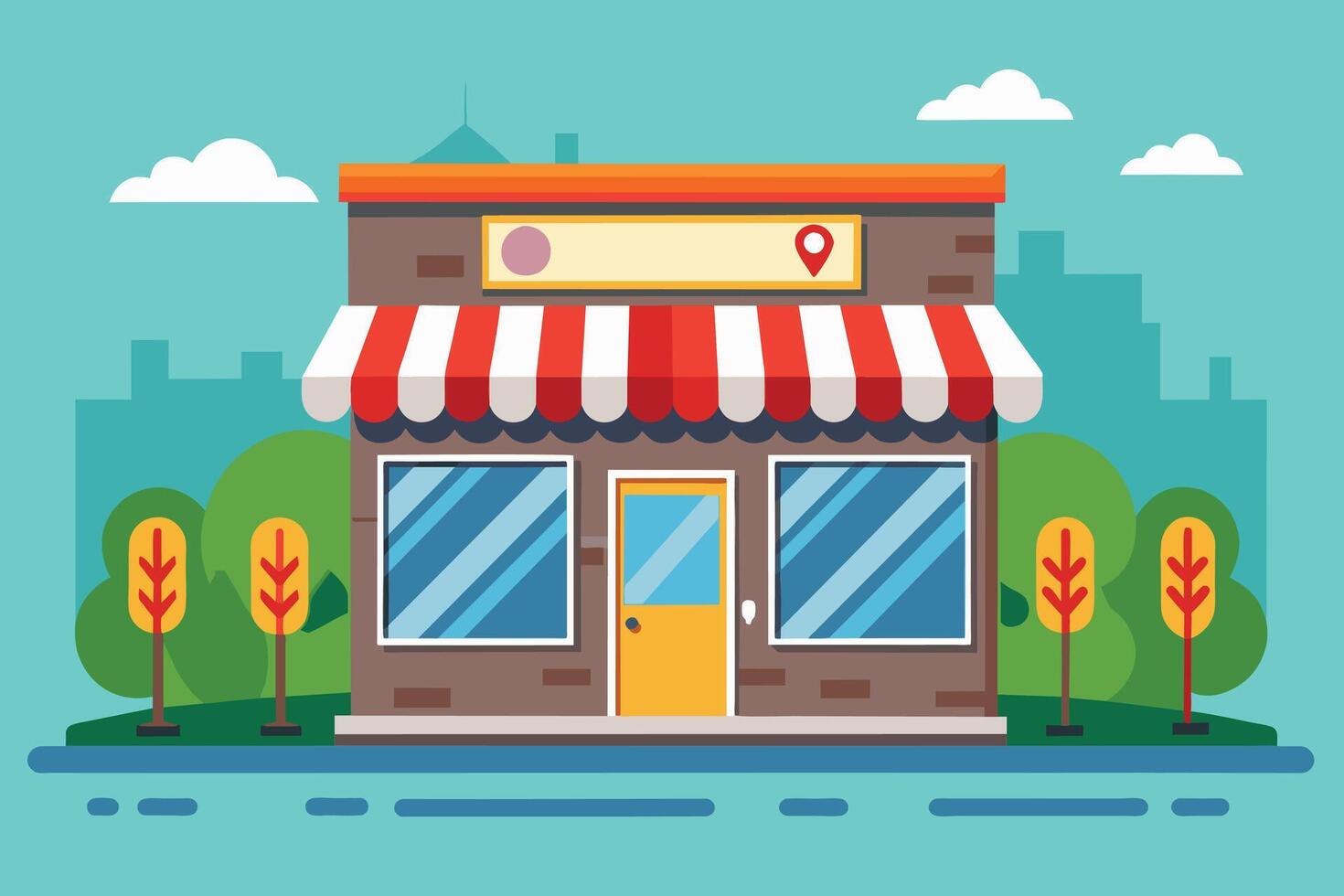 A flat cartoon illustration of a brick storefront with a red and white striped awning. The store ...
