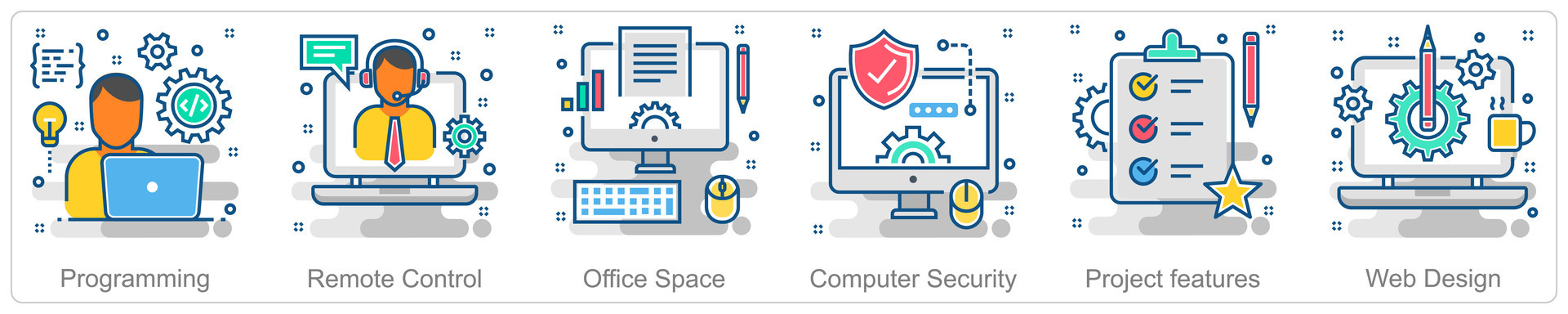 A set of 6 Business icons as programming, remote control, office space ...