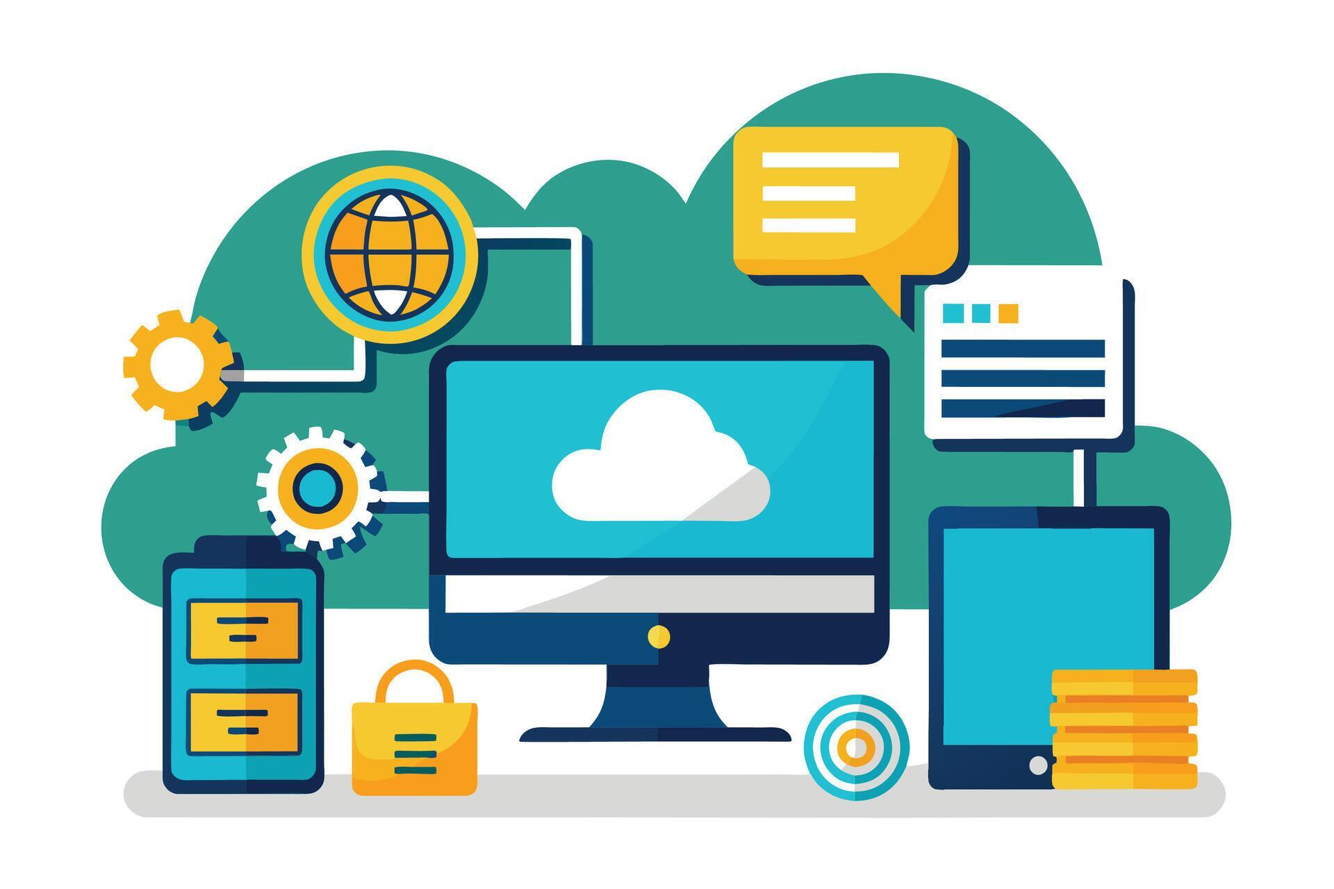 An Illustration Depicting Modern Cloud Computing Technology With A Desktop Smartphone Secure