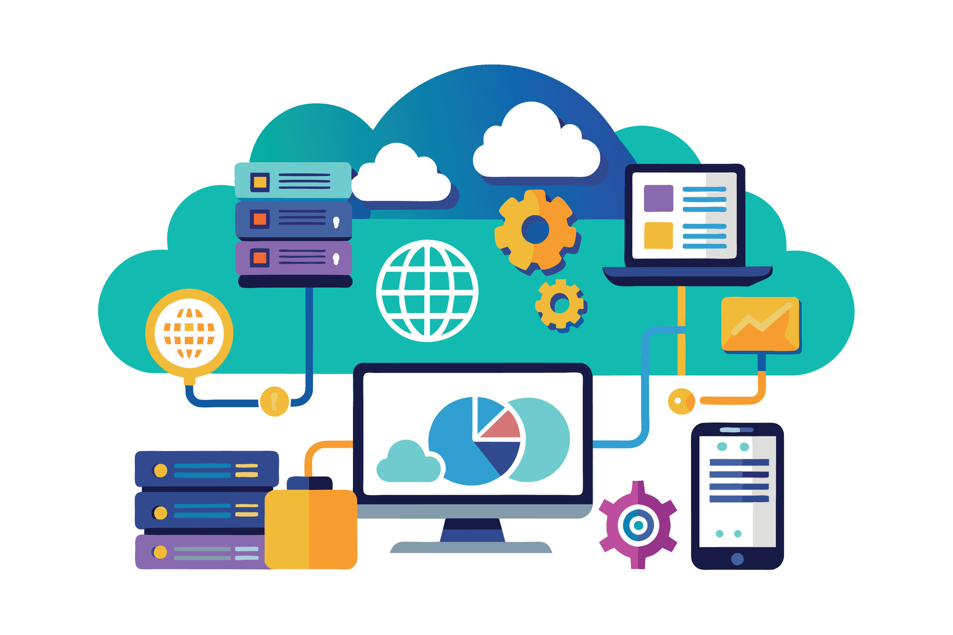 A Colorful Illustration Showing Interconnected Devices In A Cloud