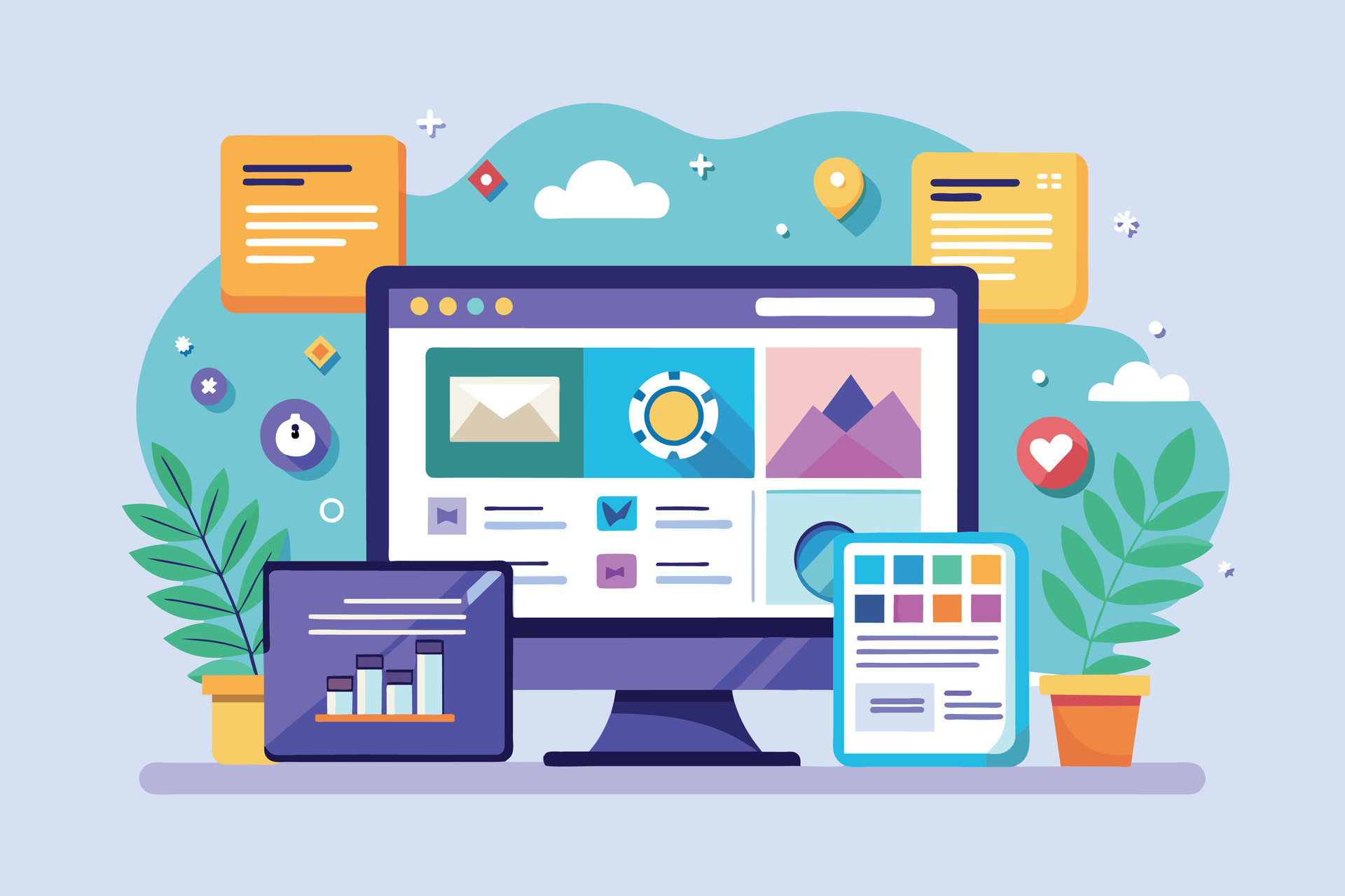 An illustration depicting a desktop computer with a website design mock ...