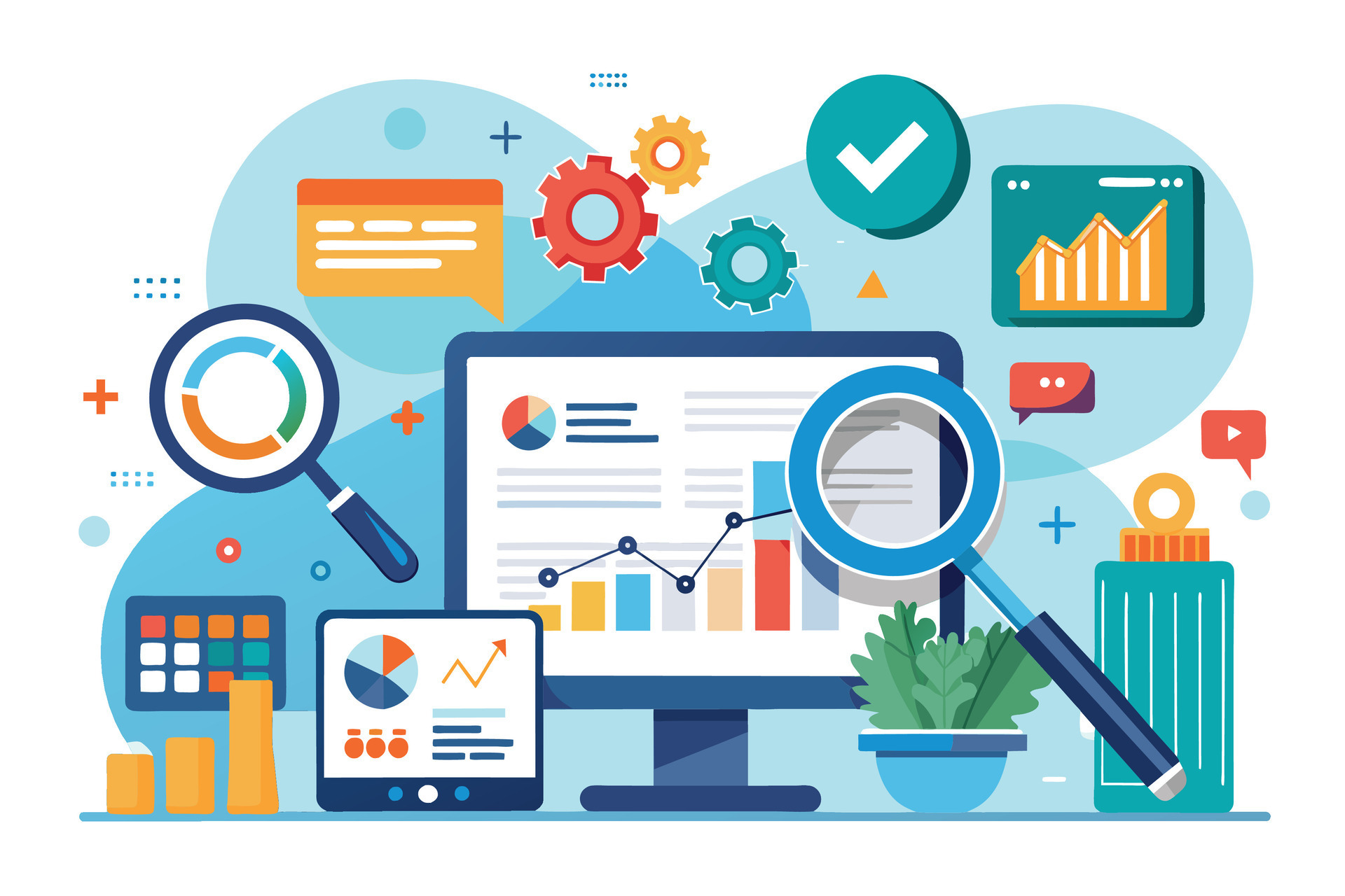 An illustration depicting a modern desktop computer with graphs, charts ...