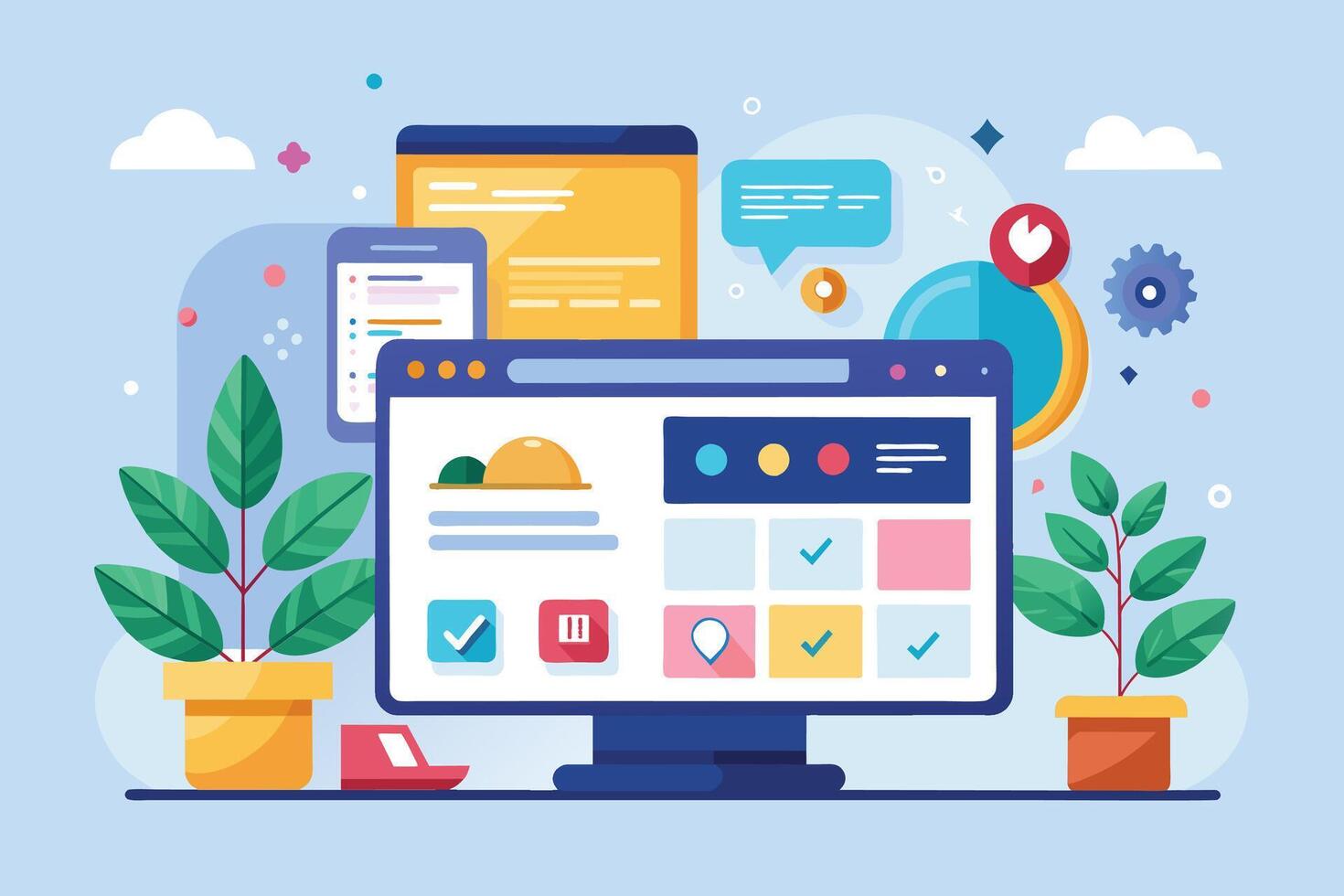 Illustration of a modern web design layout on a desktop computer, with ...