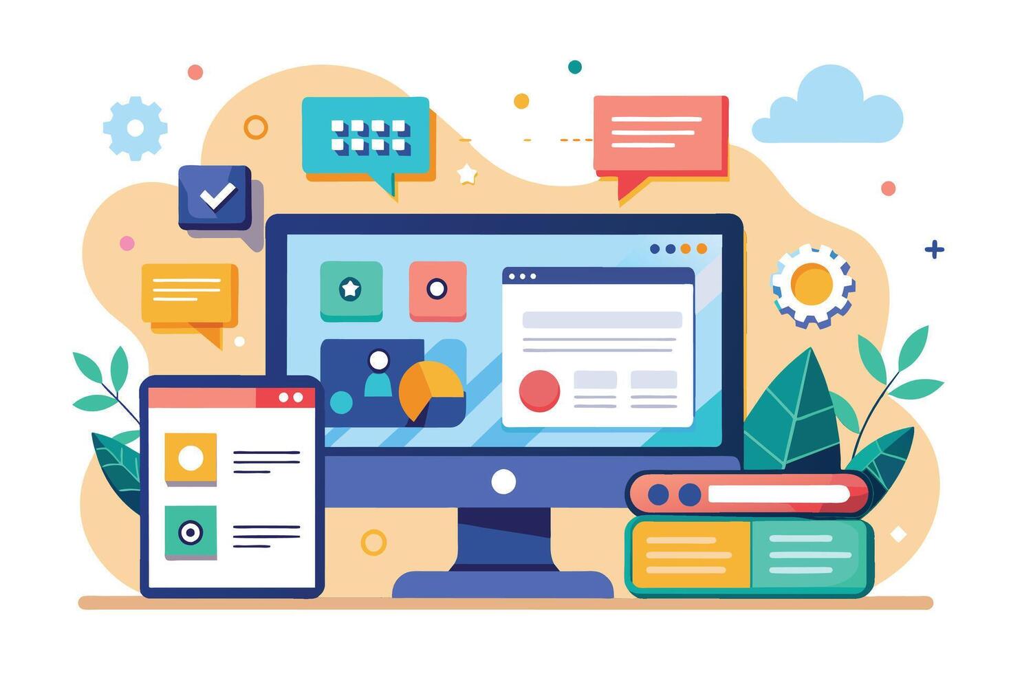 A modern desktop computer with a tablet and cloud storage illustration ...