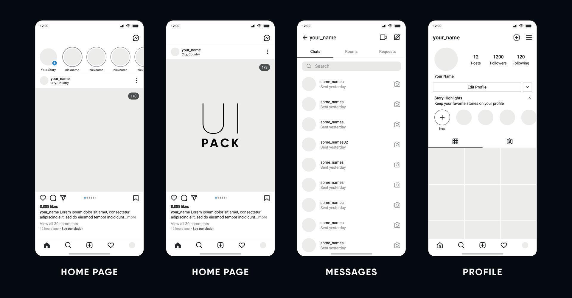 Social network post interface mockup template. Home page, messages ...
