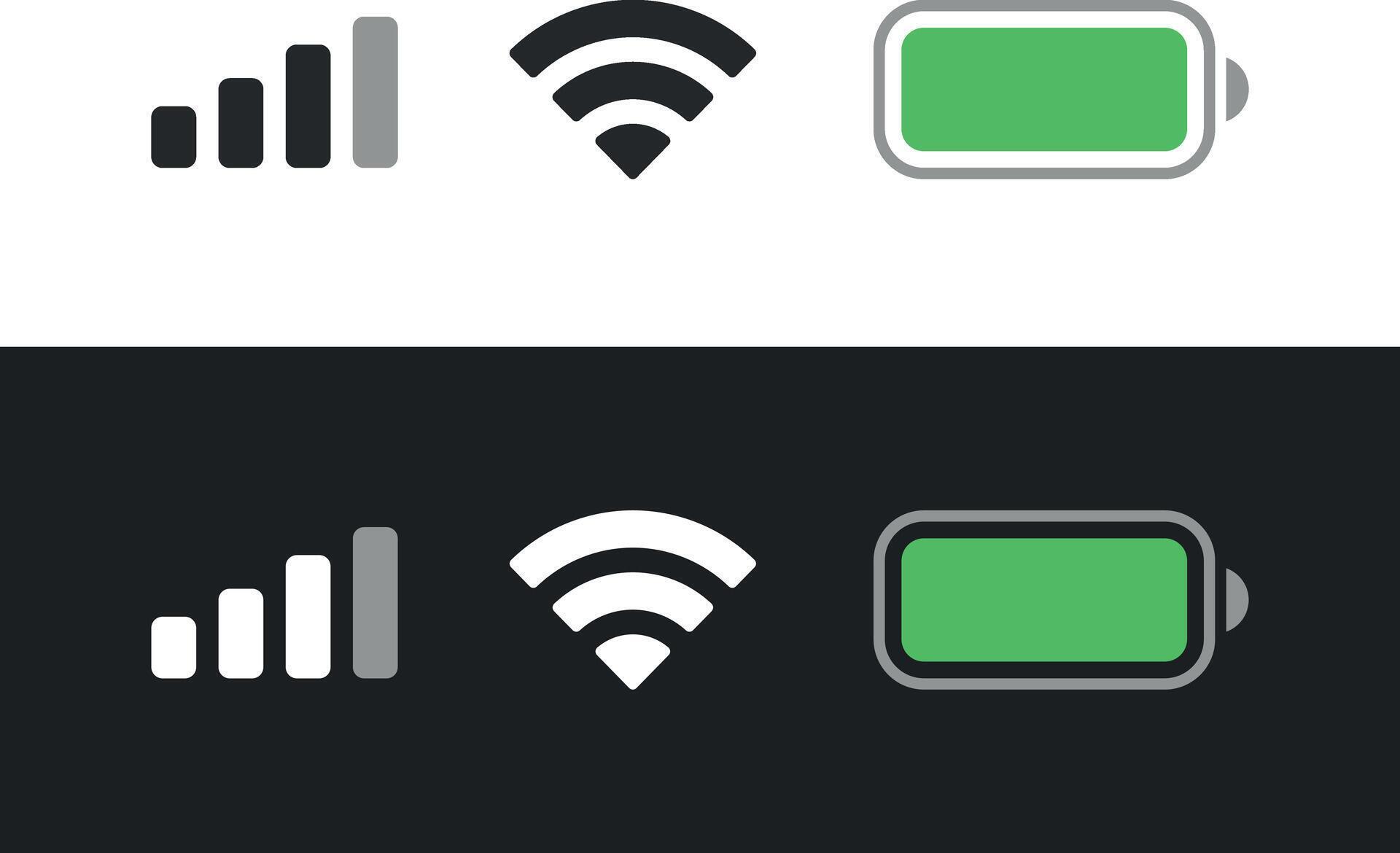 Set wifi icon isolated on white background for phone. Phone bar status Icons, battery drain in ...