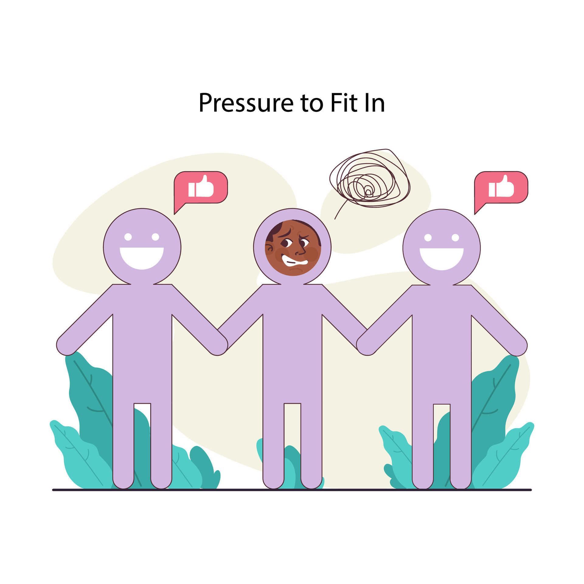 Peer pressure concept. Awkward individual squeezed in purple suit ... Peer pressure concept. Awkward individual squeezed in purple suit ...