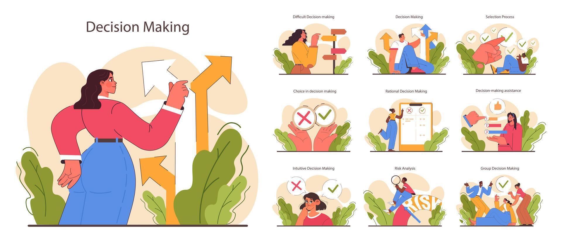 Decision-making set. Strategic thinking, brainstorming and solution ...