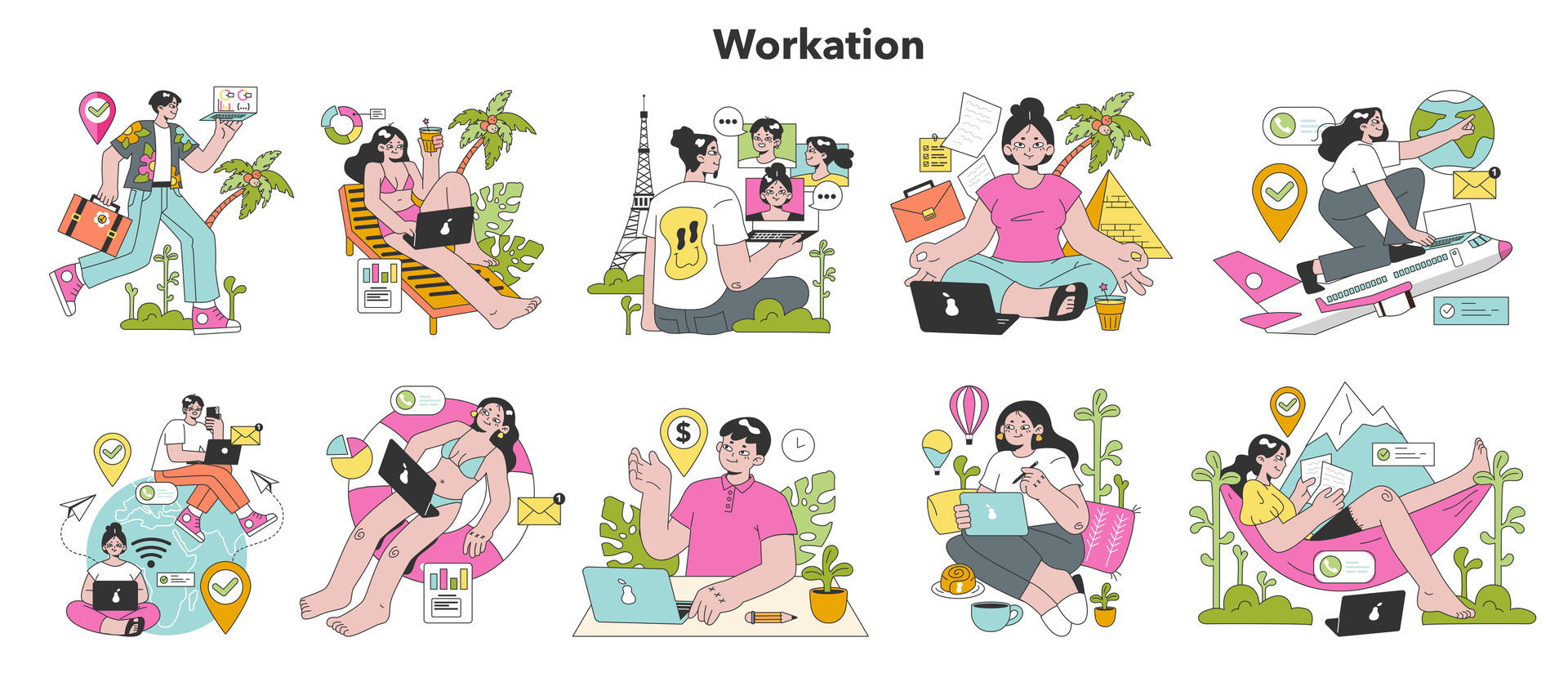 Workcation set. Chatacter working away from the office. Digital nomad ... Workcation set. Chatacter working away from the office. Digital nomad ...