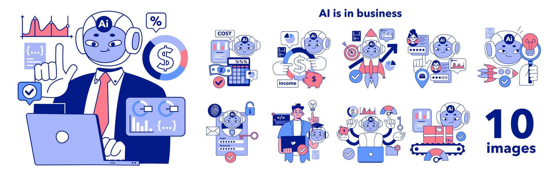 Artificial intelligence in business set. AI-powered production ...