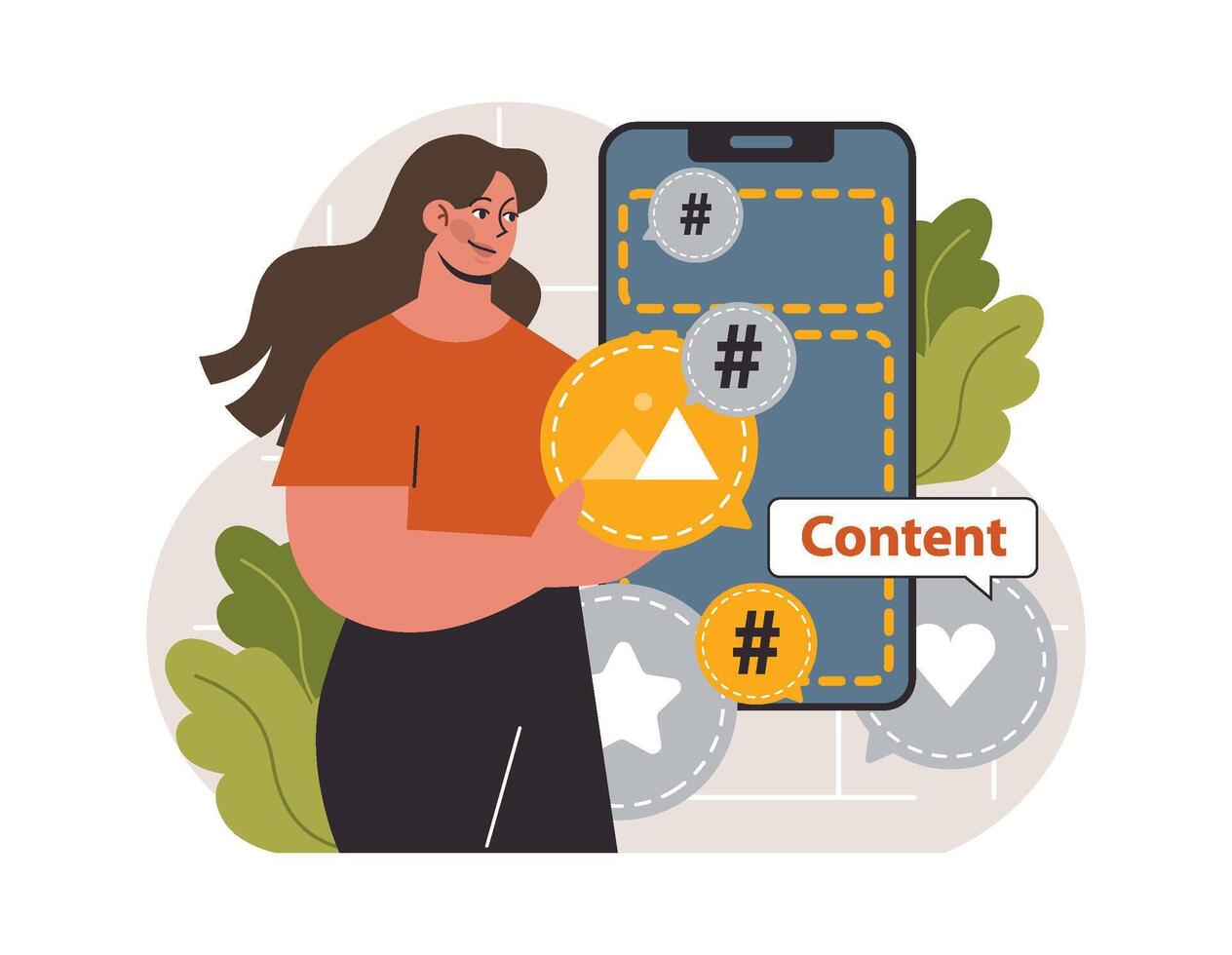 Hashtag. Character using digital device for sending posts and sharing ...